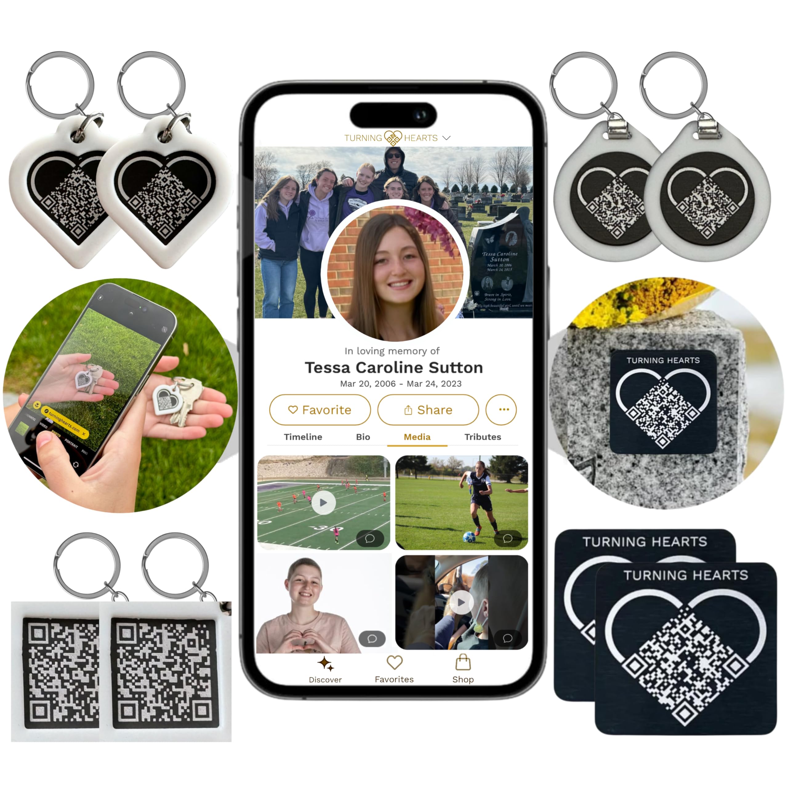Turning Hearts Grave Medallion + 3 Keychains and Memorial Webpage Bundle, Scannable Keyring QR ...