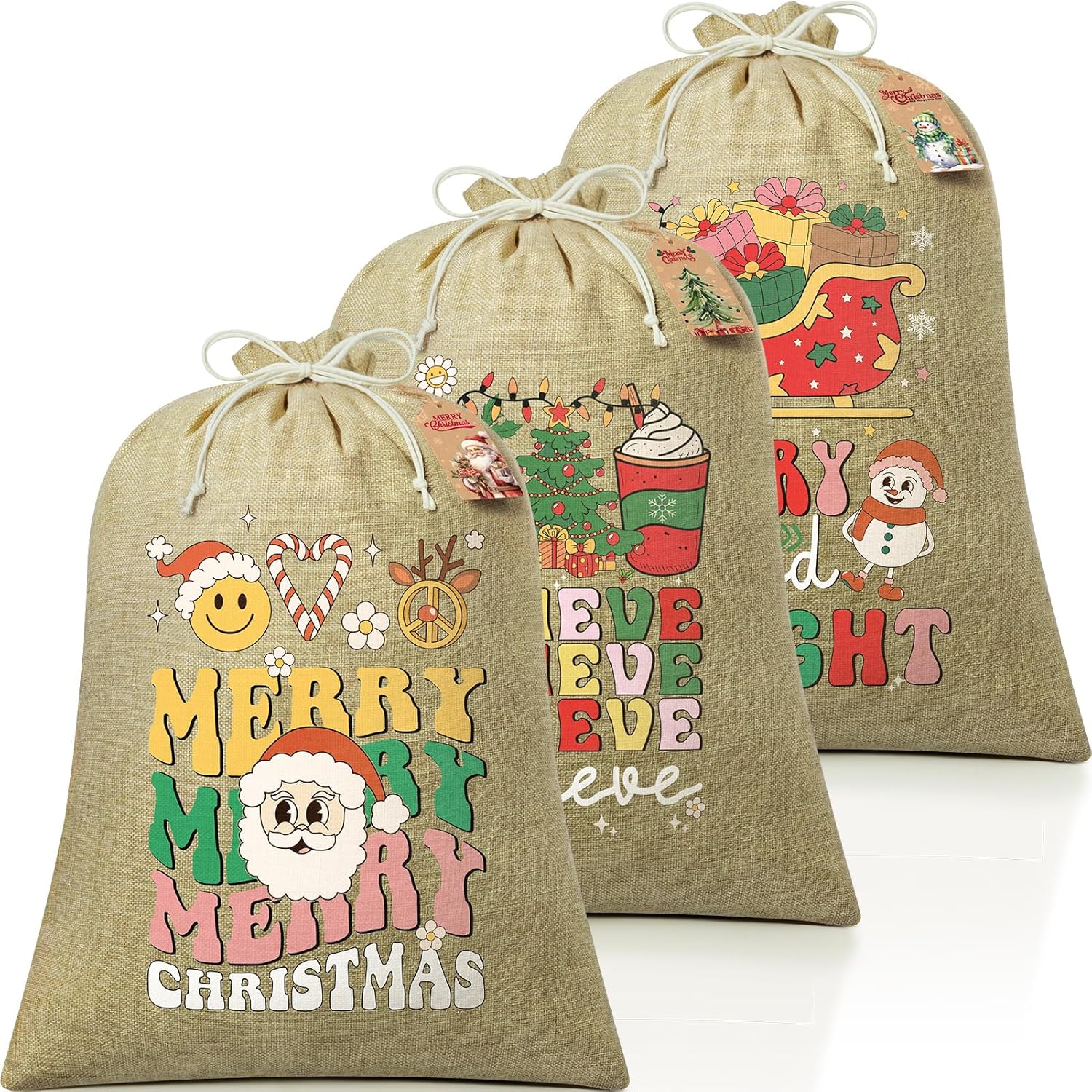 Amazon.com: 3PCS Large Burlap Christmas Drawstring Gift Bags with Tags ...