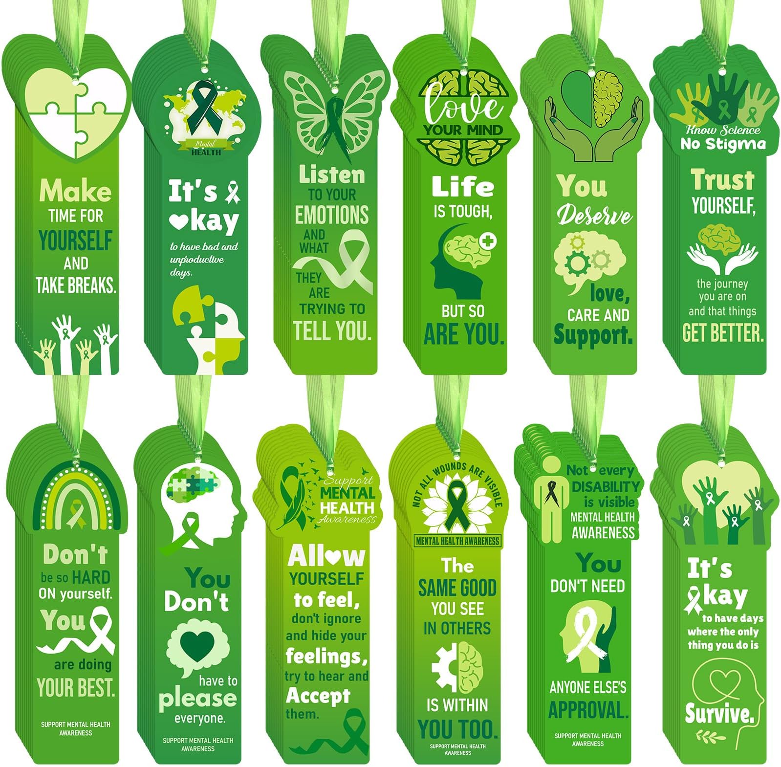 Amazon.com: Skyygemm 120 Pcs Mental Health Awareness Bookmarks Green ...