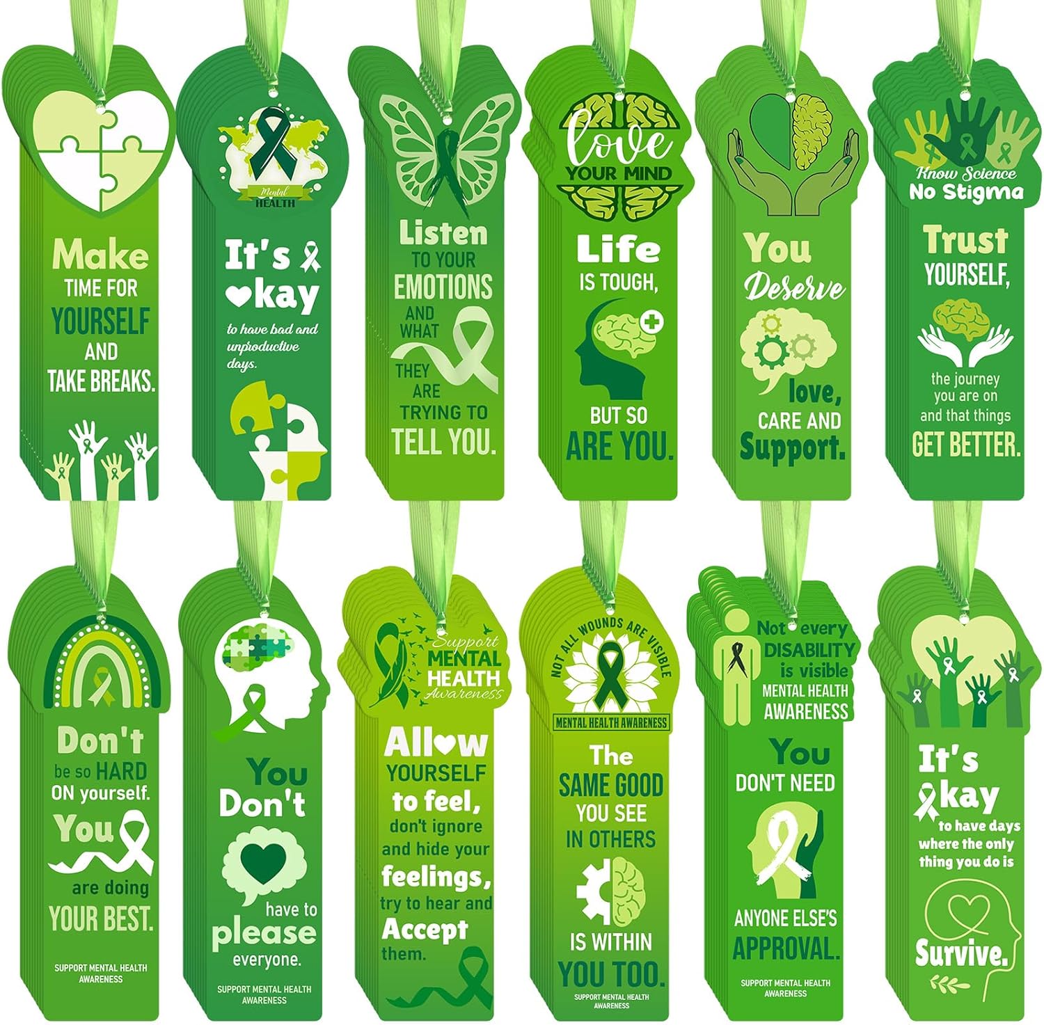 Amazon.com: Skyygemm 120 Pcs Mental Health Awareness Bookmarks Green ...