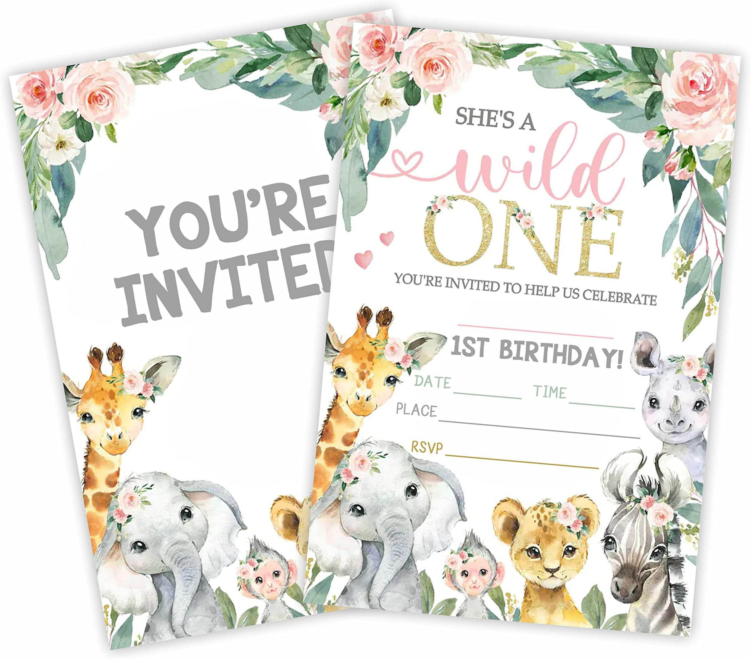Amazon.com : KFNER Wild One Birthday Invitations, 1st Safari Animals ...