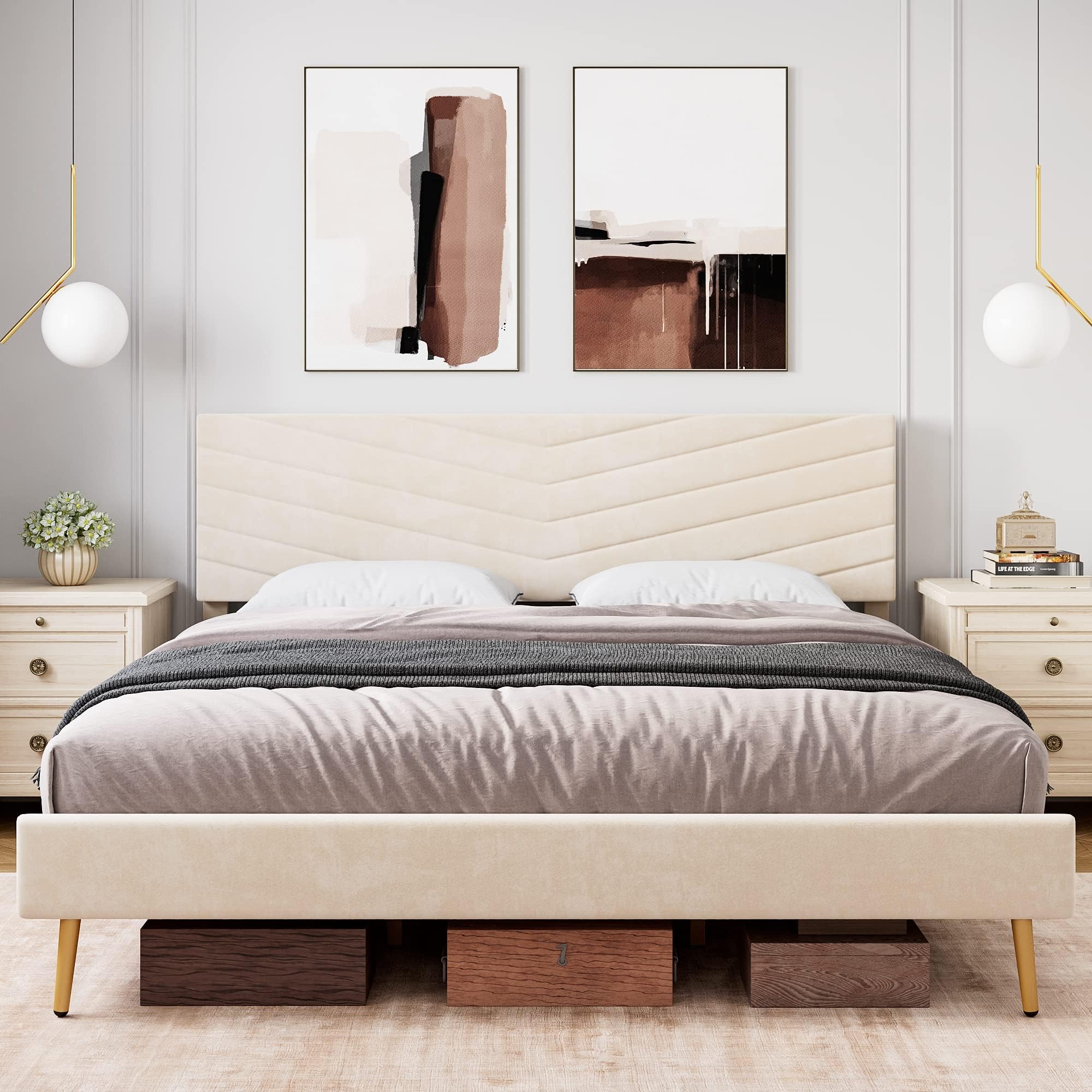 Amazon.com: Homhougo King Bed Frame, Tufted Platform Bed Frame with ...