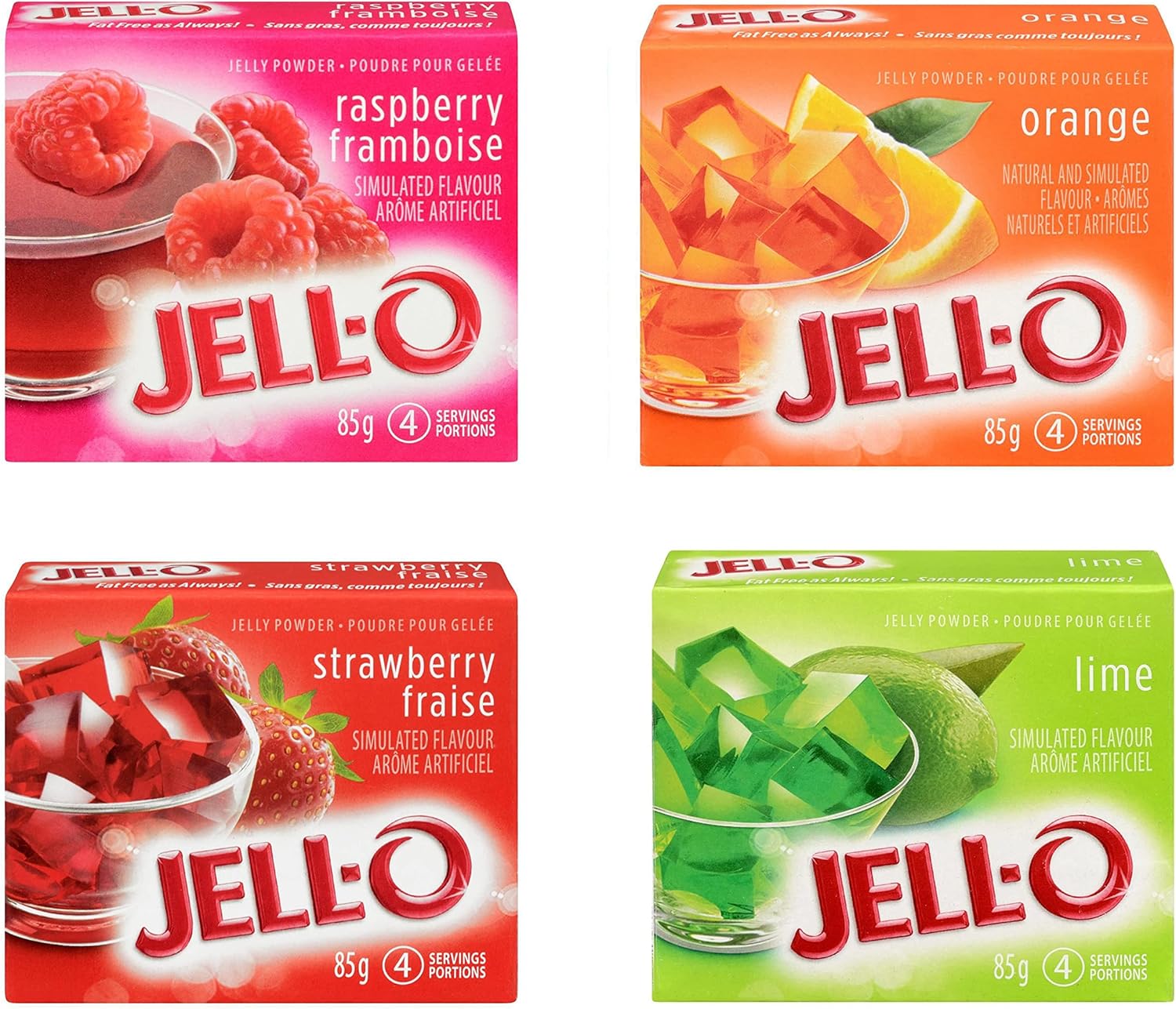 Jell-O Fruit Flavoured (4) Package Bundle – Strawberry, Raspberry, Lime, Orange (85g per package ...