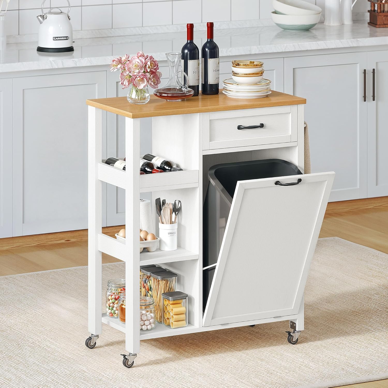 Amazon.com: YITAHOME Small Kitchen Island Cart on Wheels with Trash Can ...
