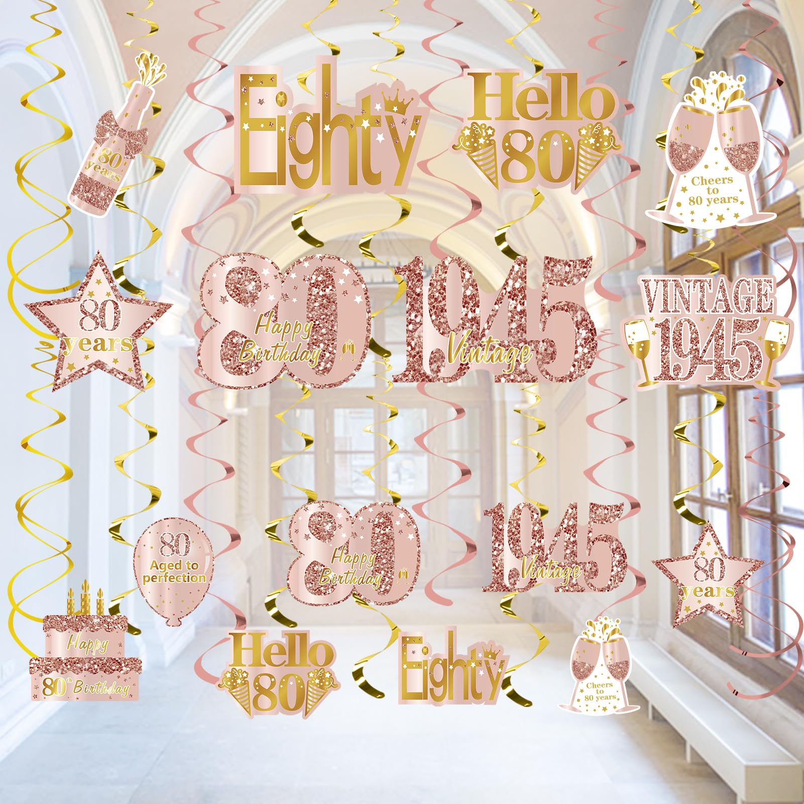 Amazon.com: Turypaty Pink Gold 80th Birthday Decorations Hanging Swirls ...