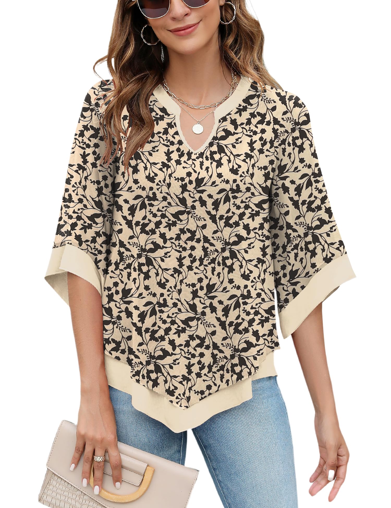 Micoson Womens 3/4 Sleeve Chiffon Blouses V Neck Double Layers Mesh ...