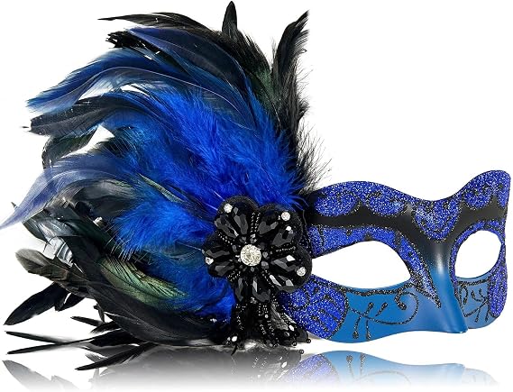 Amazon.com: MYSEUNI 2025 New Blue and Black Masquerade Mask for Women ...