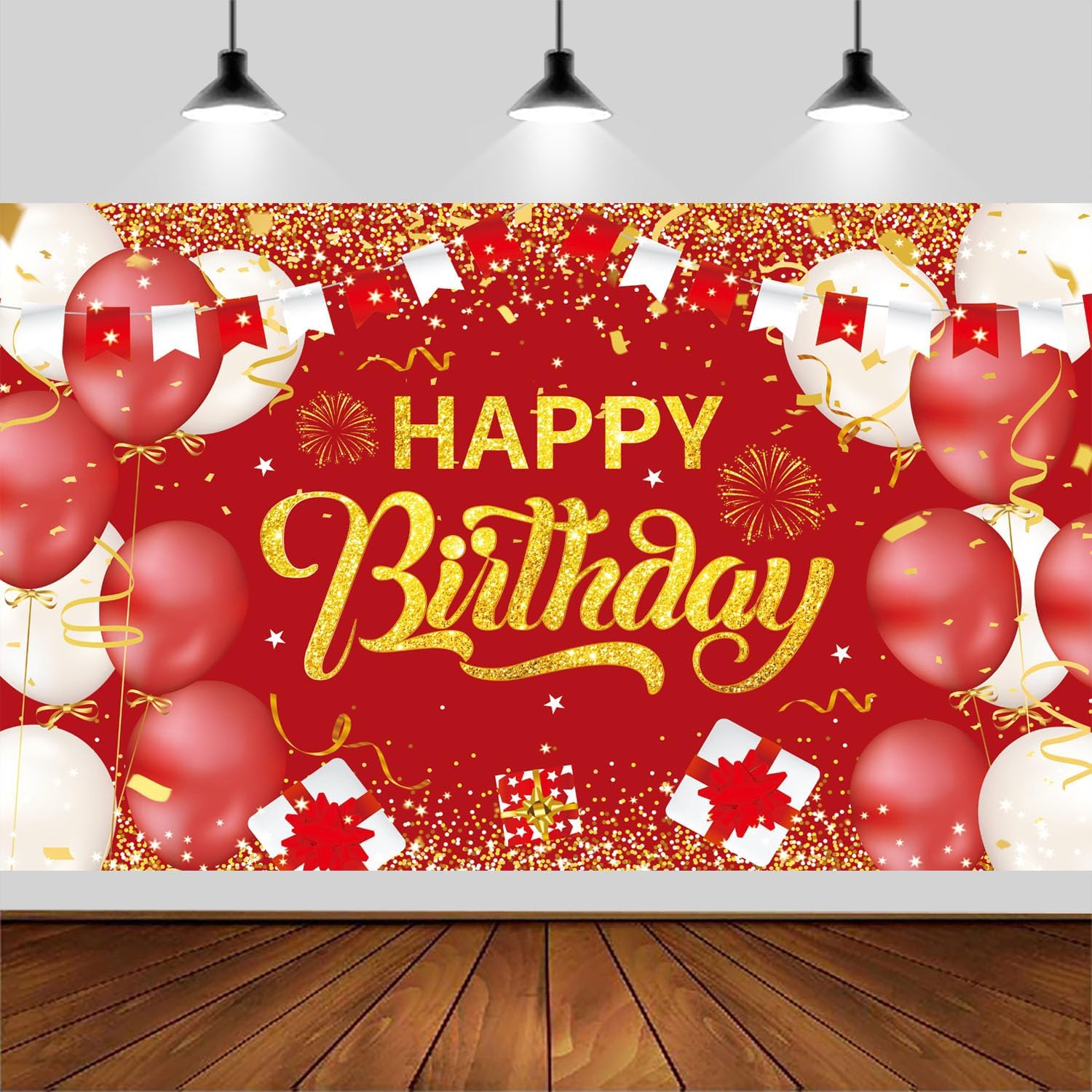 Amazon.com : 6x3.6FT Red Gold Happy Birthday Backdrop,Red Gold Happy ...