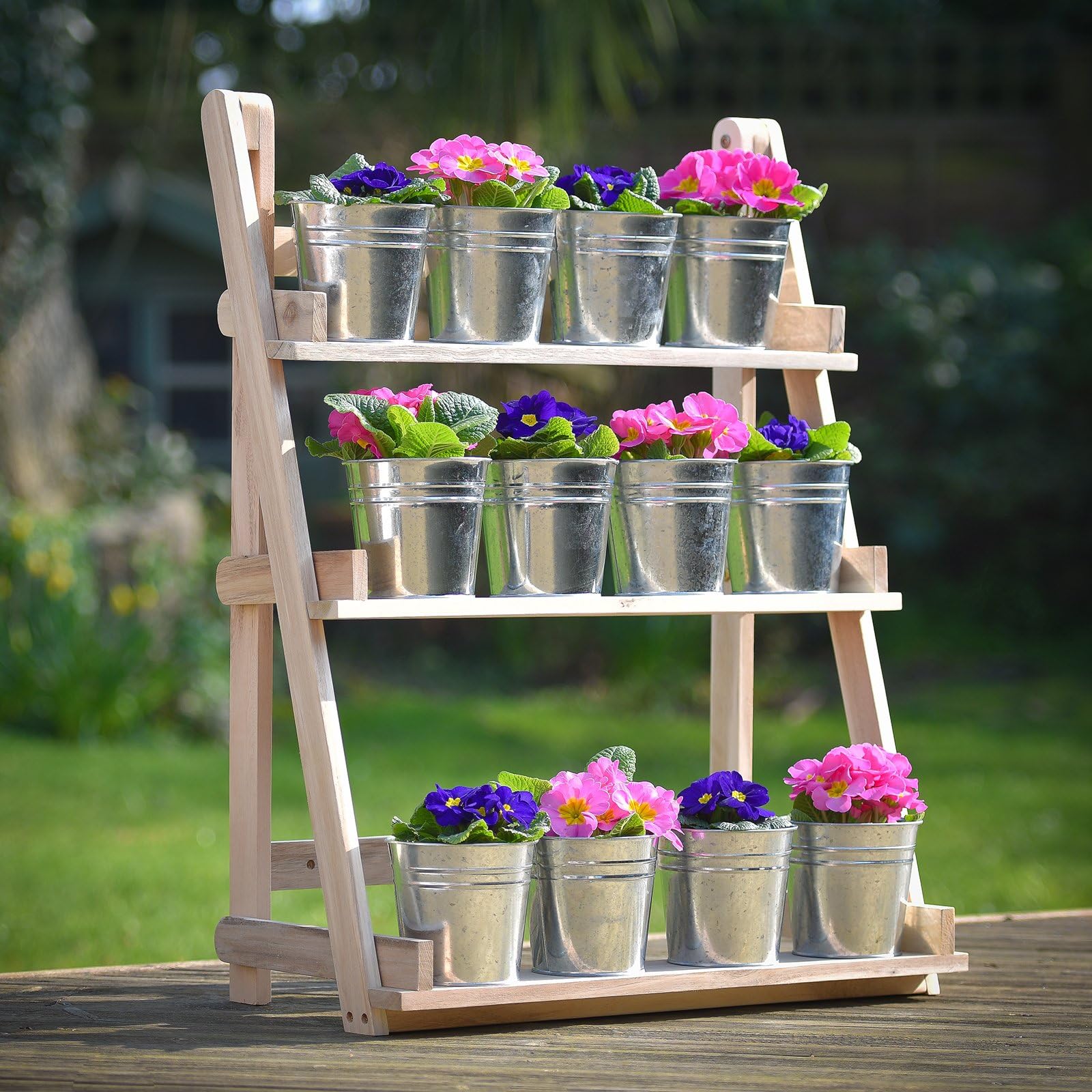 GOLDBEARUK Flower Steps - 3 tier Wooden Plant Ladder - Lightweight Wood ...