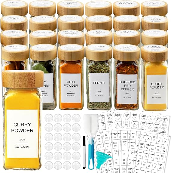 24Pcs 4oz Square Glass Spice Jars with Bamboo Lids, 398 Labels and ...