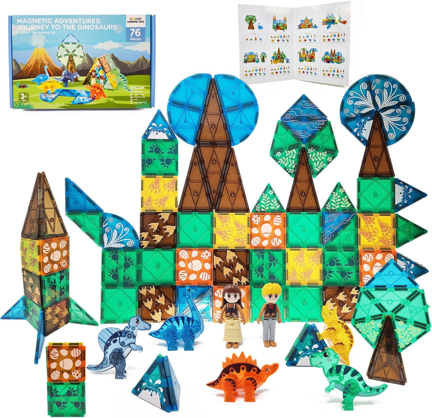Amazon.com: 76-Piece Dinosaur Magnetic Tiles; Animal Magnet Tile Gift ...