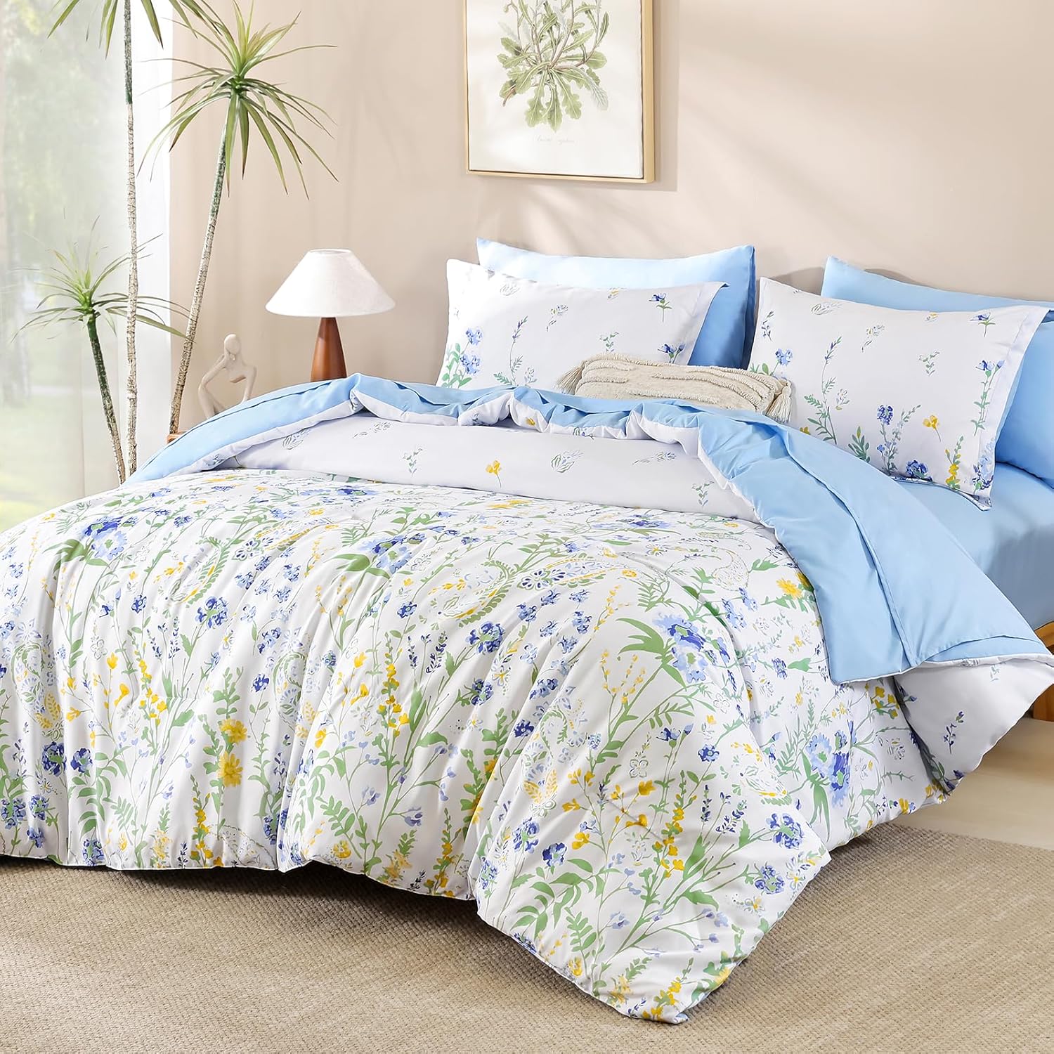 Amazon.com: Yiran Blue Floral Comforter Set Queen/Full Size, 7 Piece ...