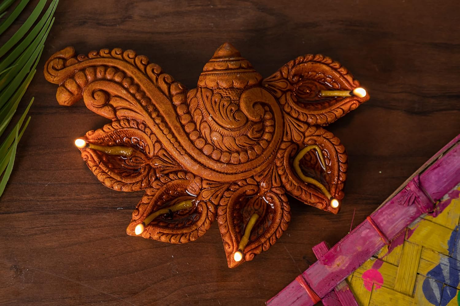 Buy Earthen Innovation Terracotta SHUBH LABH Shankh Panch Diya for ...