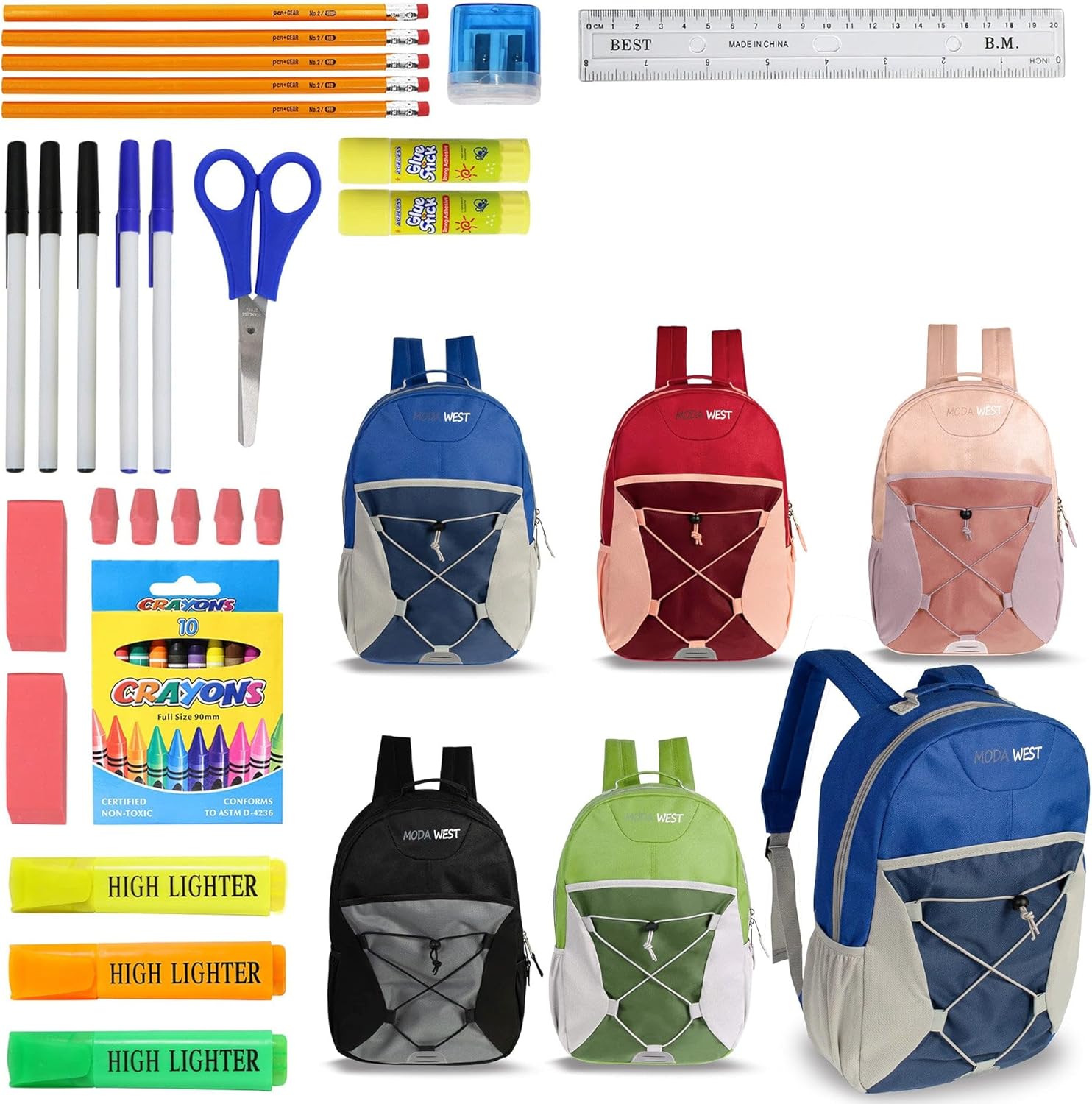 Amazon.com | Moda West 17 Inch Bulk Backpacks with School Supply Kit ...