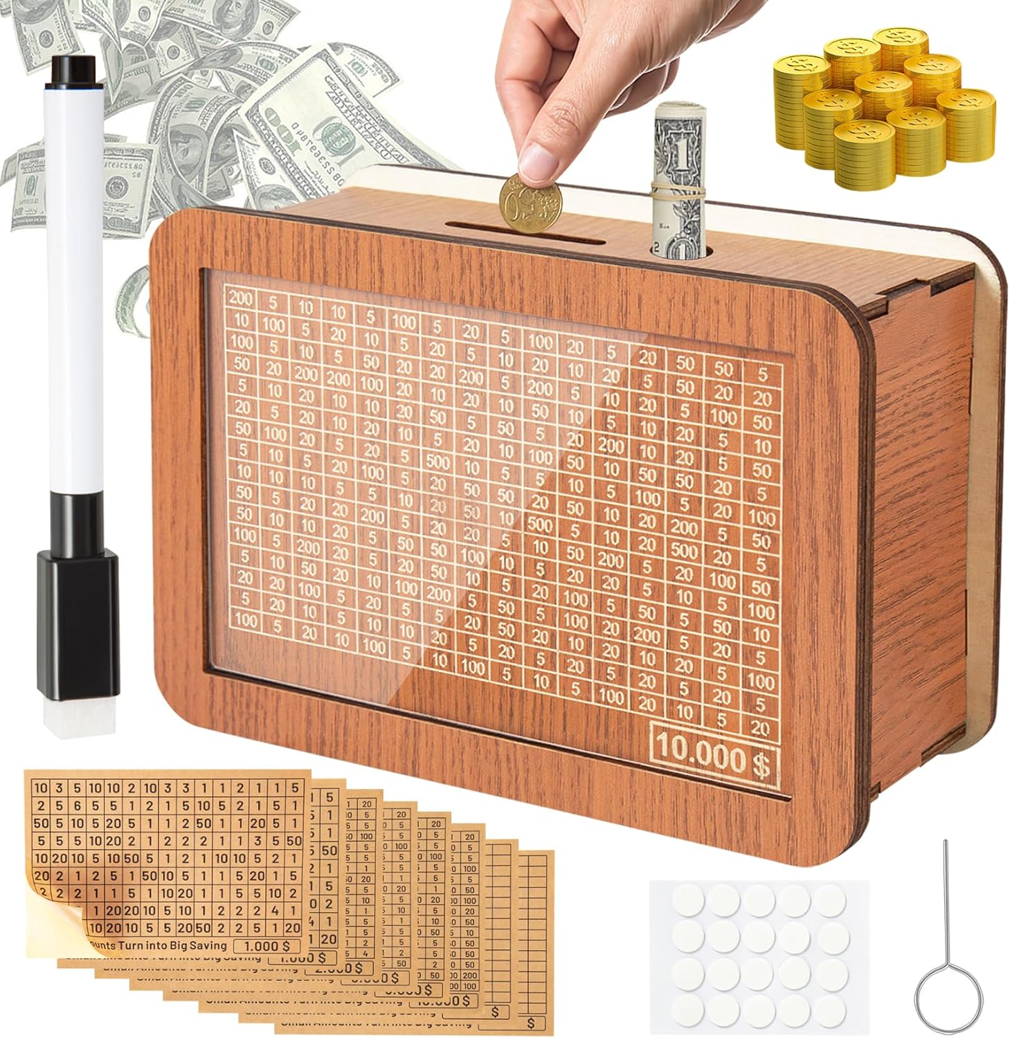 Amazon.com: Ponpon Money Saving Box, Cash Vault Wooden Savings Box ...