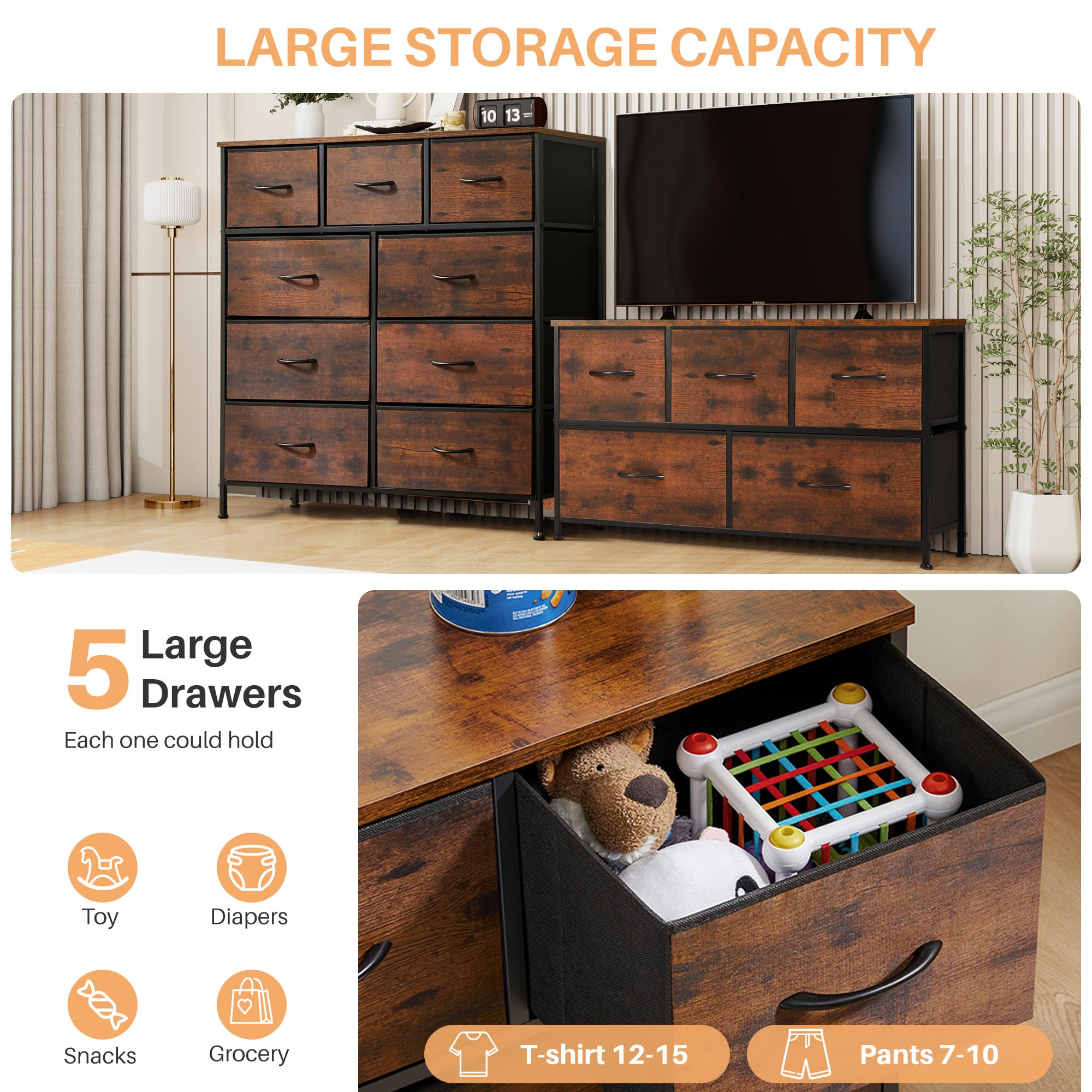Snapklik.com : Dresser For Bedroom 5-Drawer, Anti-Tip Wide Fabric ...