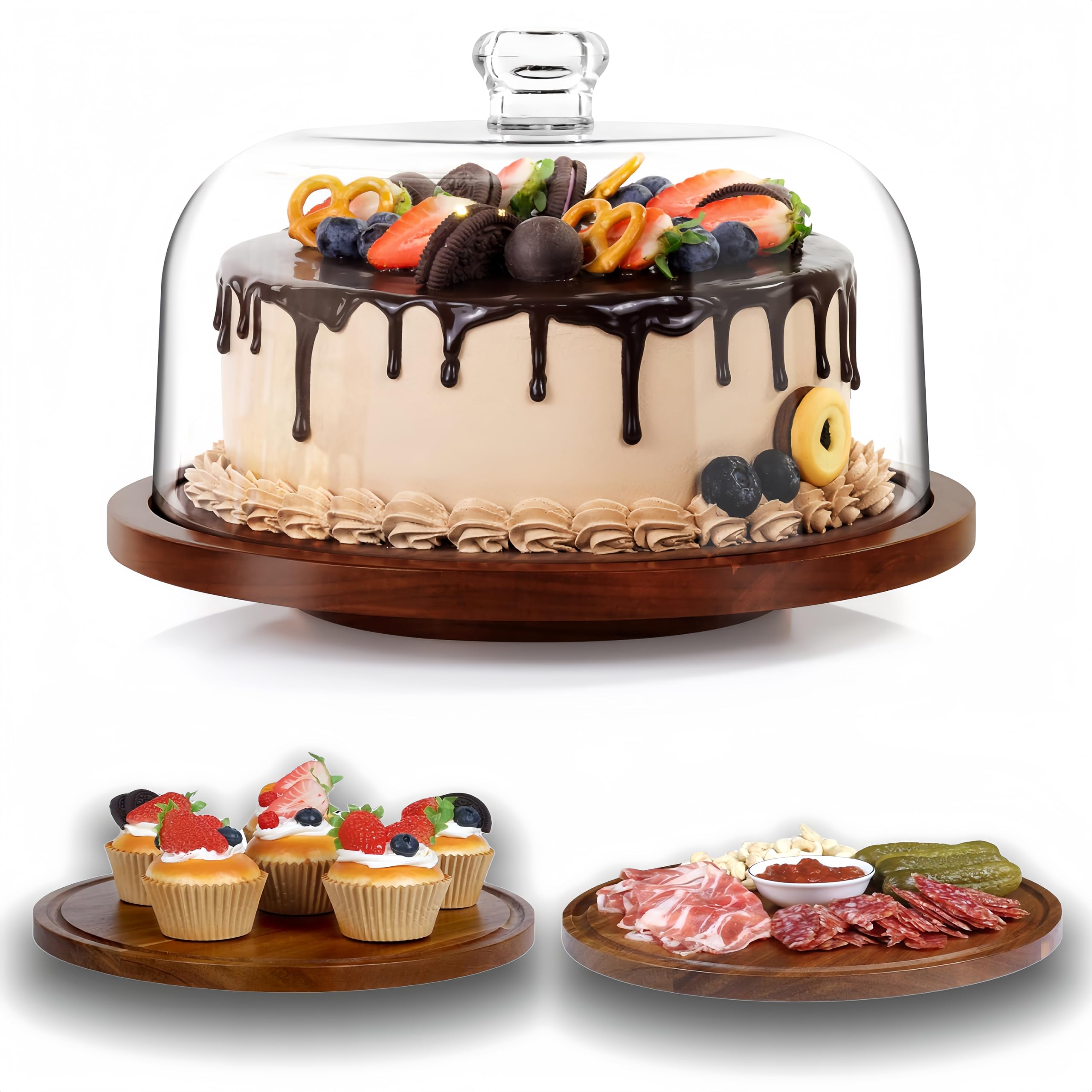 Acacia Wood Cake Stand with Lid - 12in Round Cake Holder,Rotating Cake ...