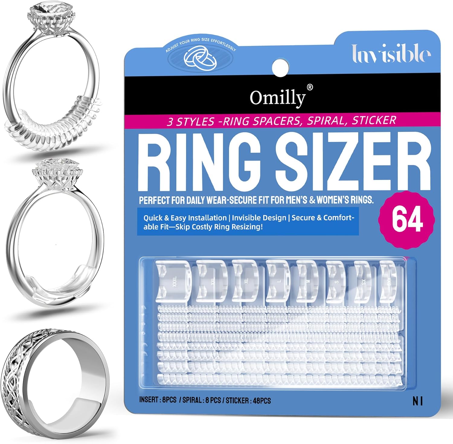 Amazon.com: Ring Sizer Adjuster for Loose Rings, 64-Piece Set with 3 ...