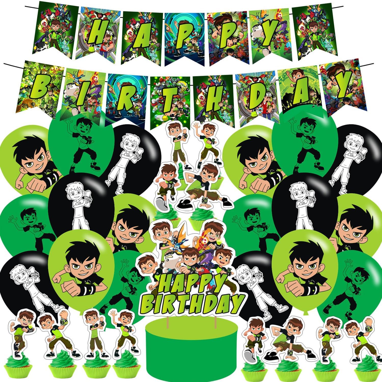 Ben 10 Themed Birthday Party Supplies Set Happy Birthday Banner, Cake ...