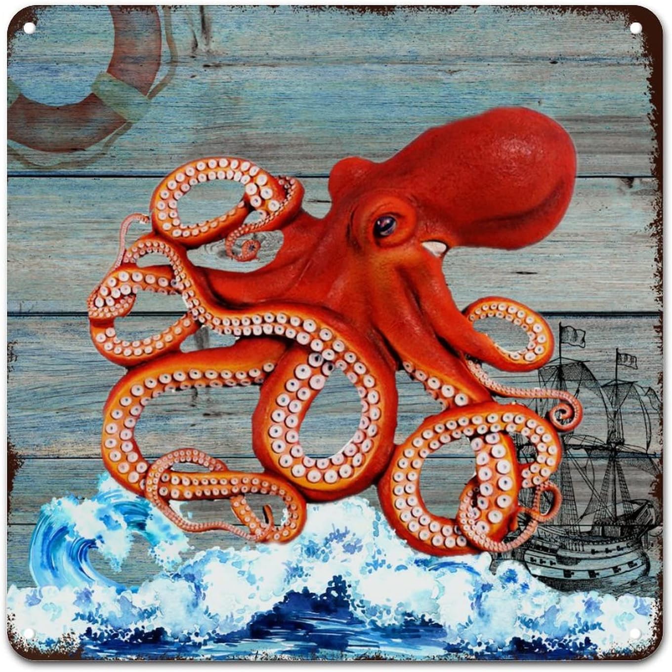 Amazon.com: ArogGeld Nautical Coastal Octopus Life Buoy Tin Sign Sea ...