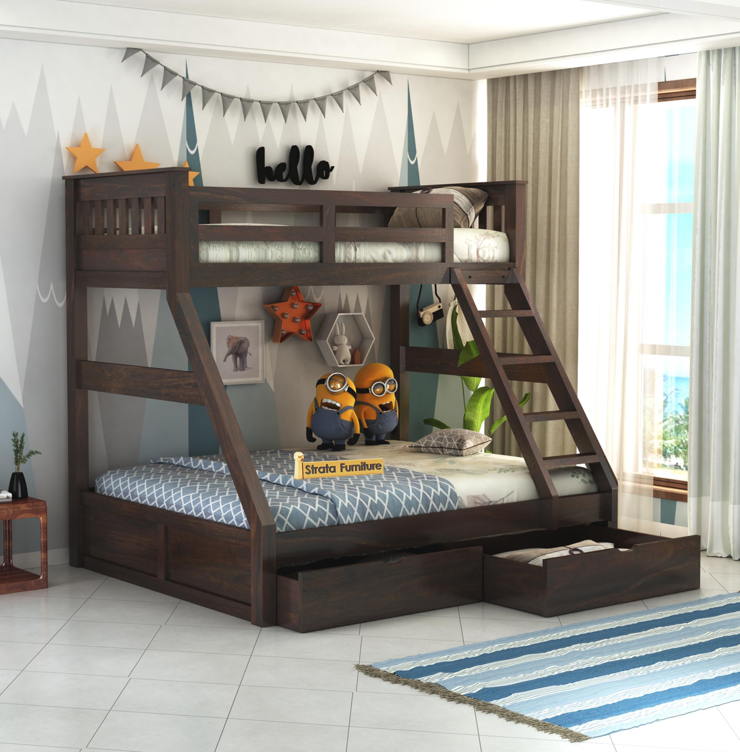STRATA FURNITURE Sheesham Wood Bunk Bed with 2 Drawer Storage Wooden ...