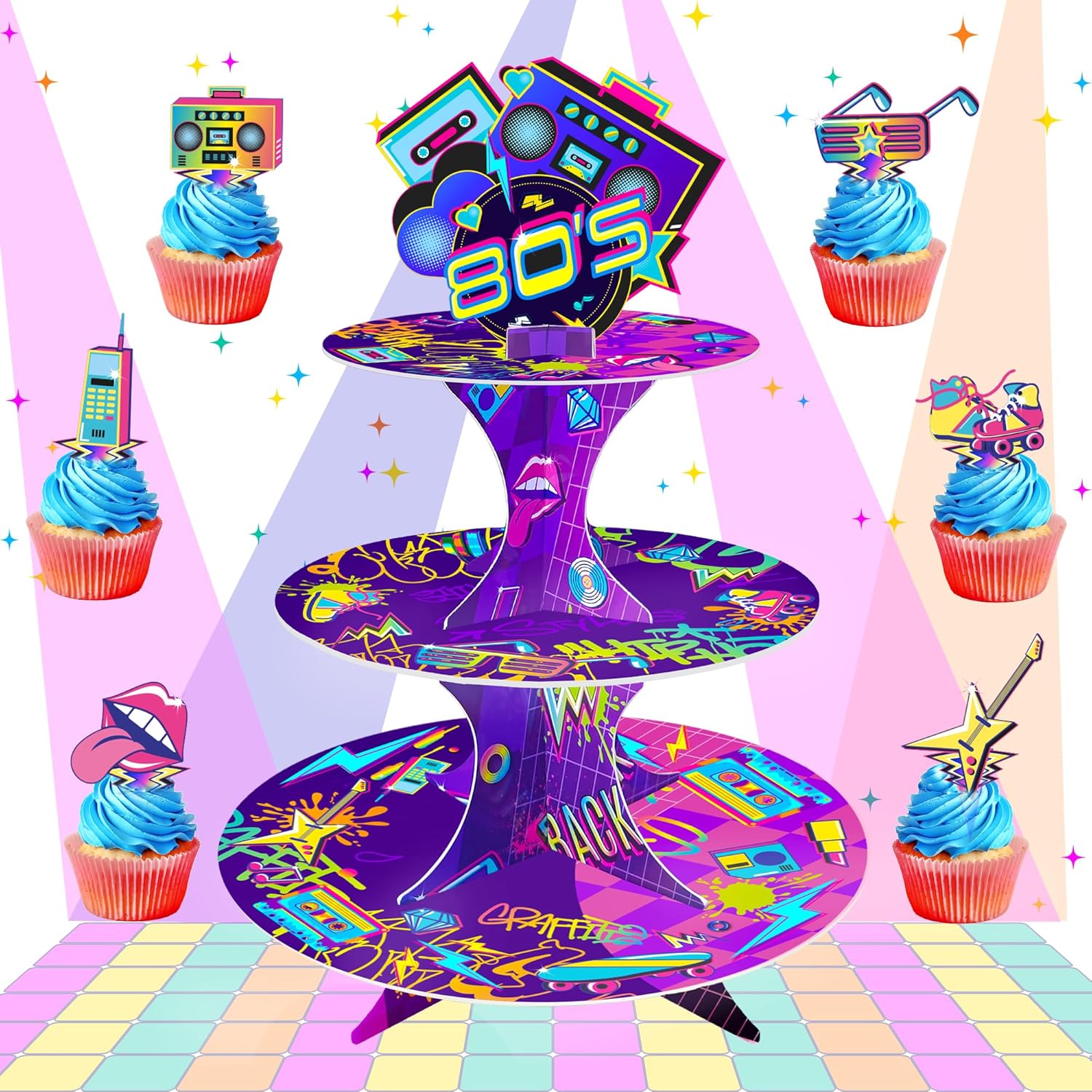 Amazon.com: Haxpacal 80s Cupcake Stand Party Supplies and 80s Theme ...