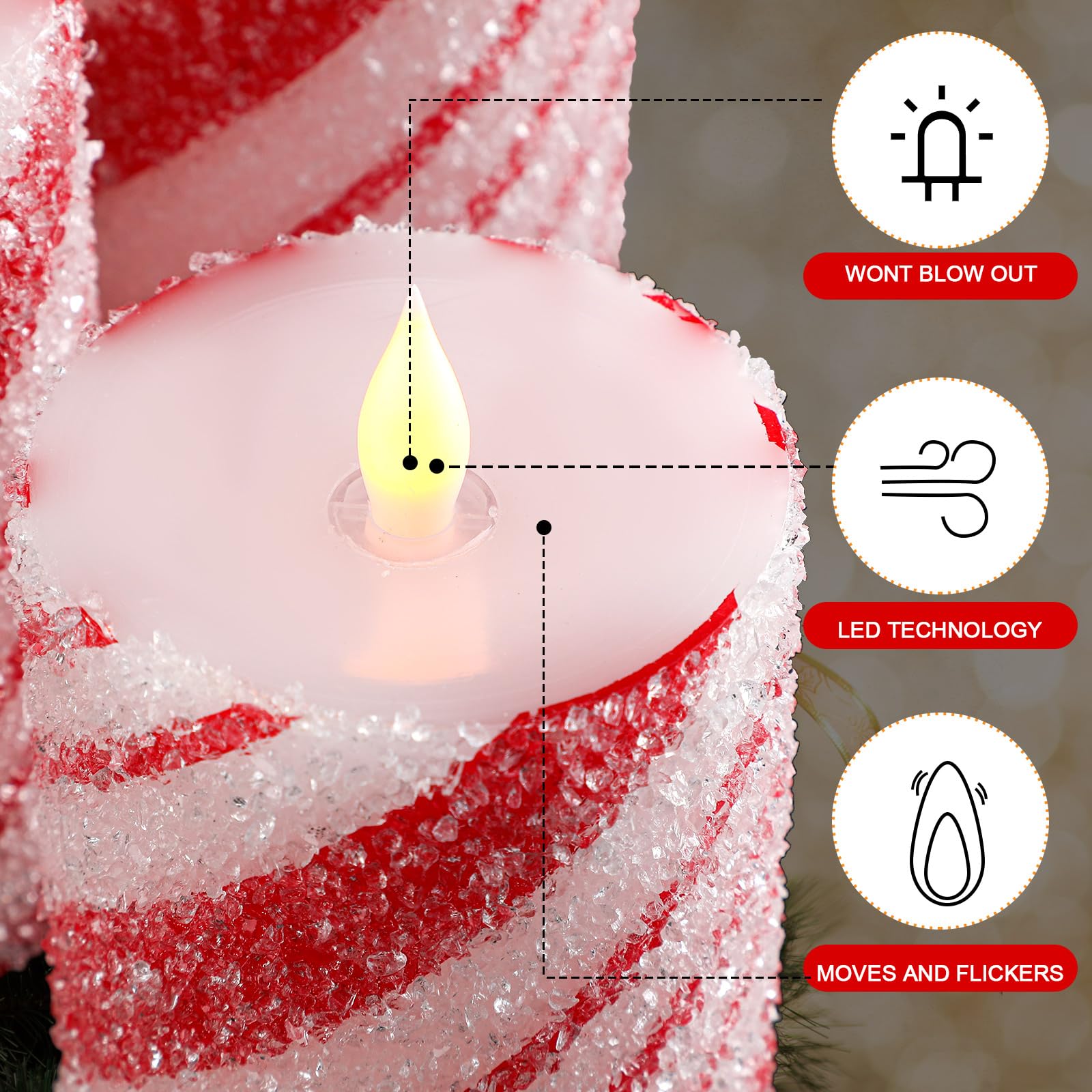 Snapklik.com : 3 Pcs Christmas Flameless Pillar Candles LED Candy Cane ...