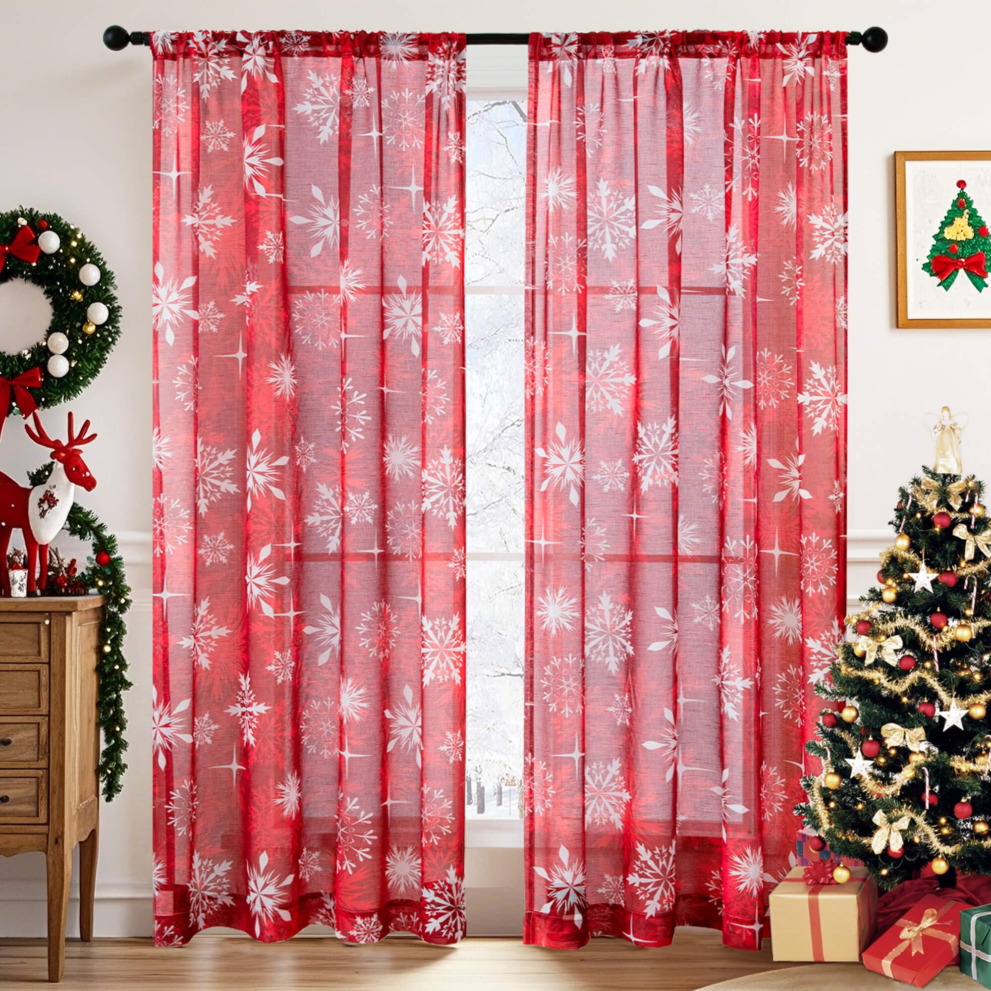 Amazon.com: BROSHAN Red Christmas Sheer Curtains 84 inch Length- Xmas ...