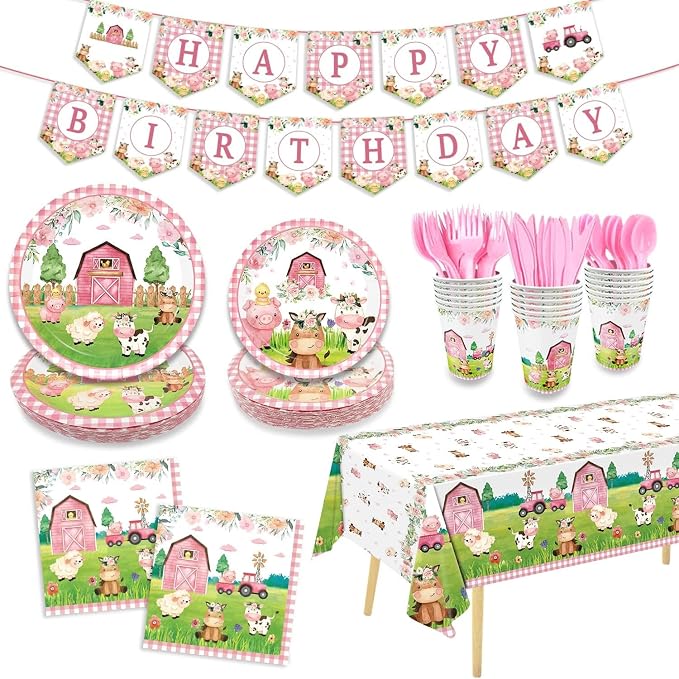Amazon.com: 171Pcs Farm Animals Party Supplies Tableware Set Cute Pink ...