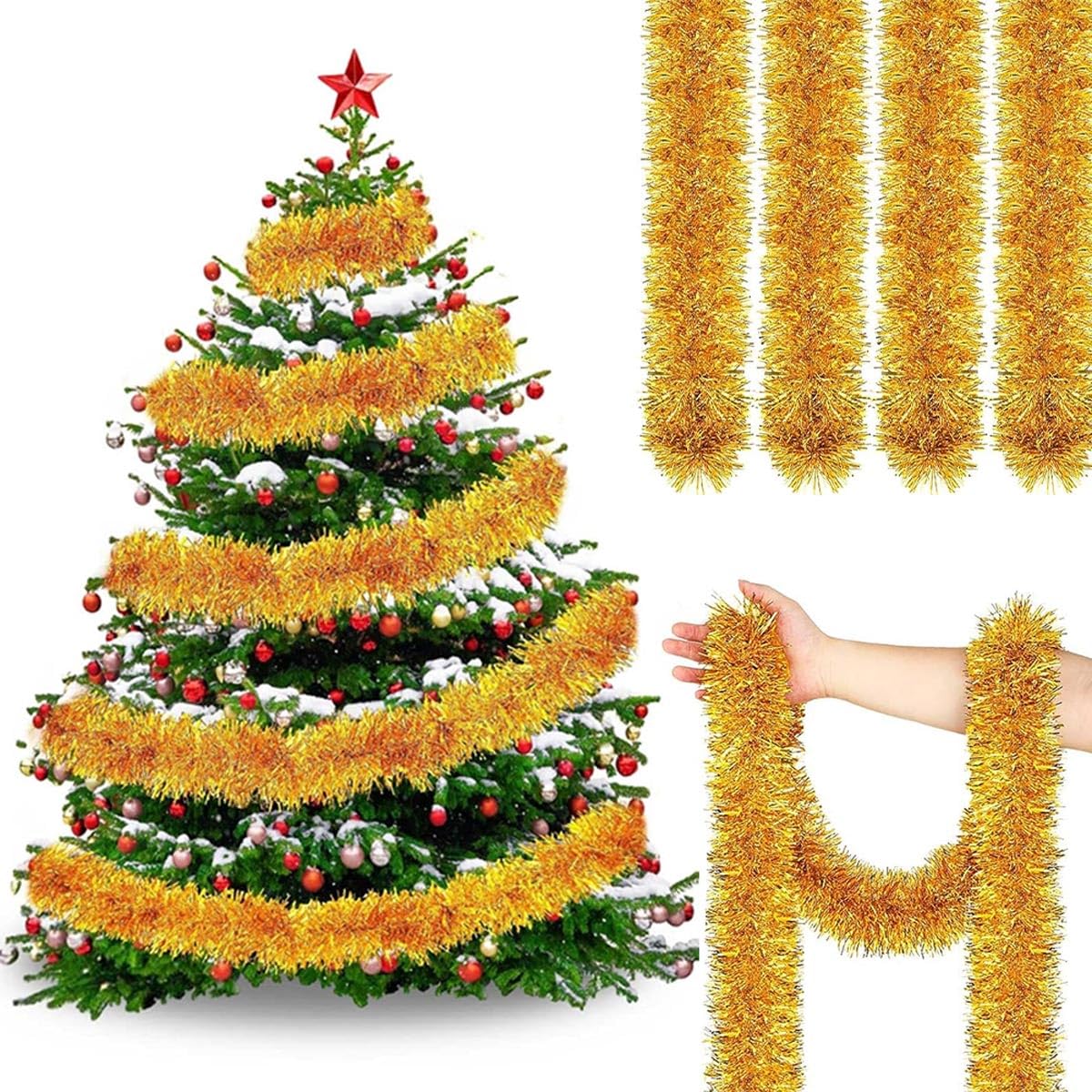 15m / 50ft Gold Christmas Tinsel Garland - Xmas Shiny Metallic Garland ...