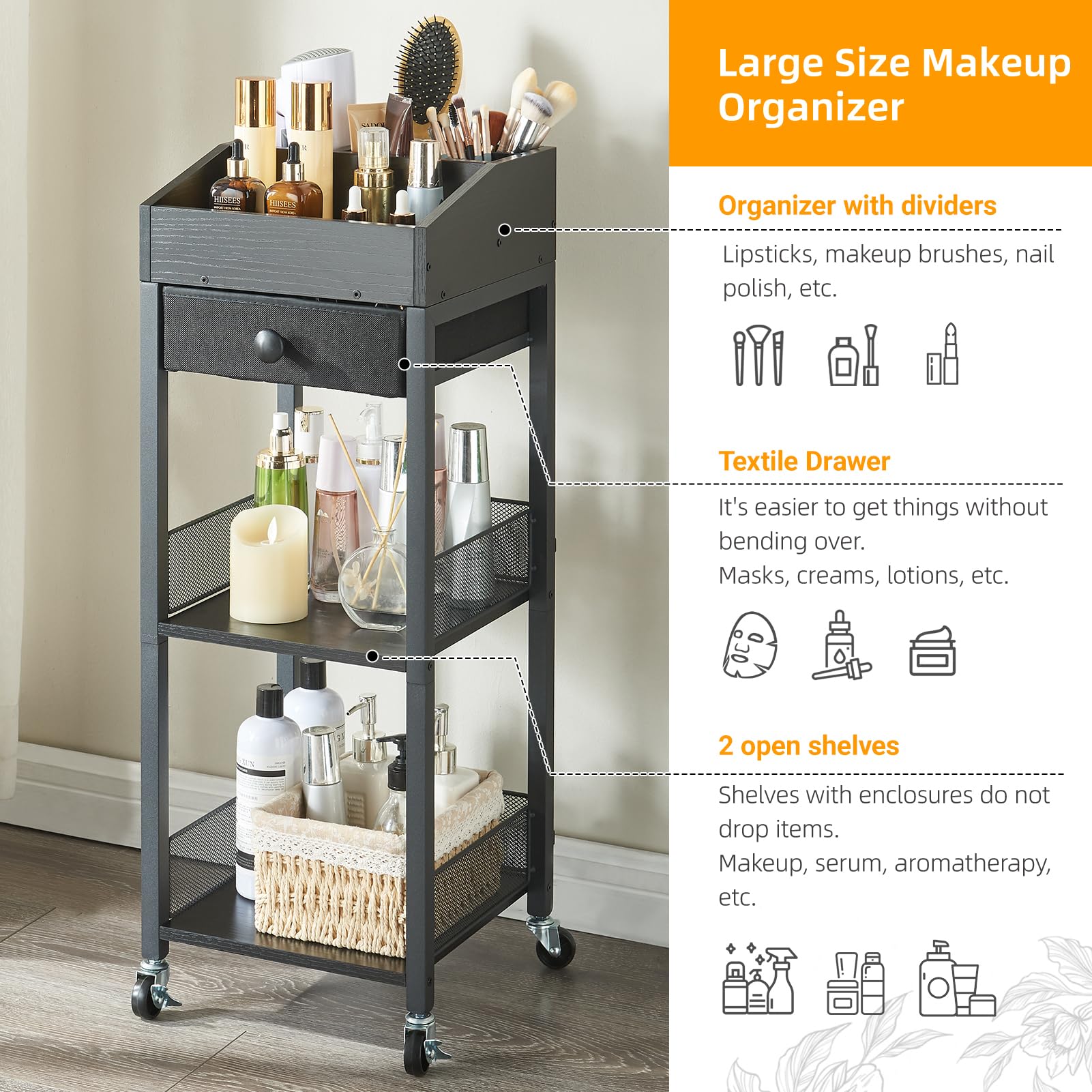 Snapklik.com : HUSHEDIFY Makeup Organizer Cart,3 Tier Floor Make Up ...