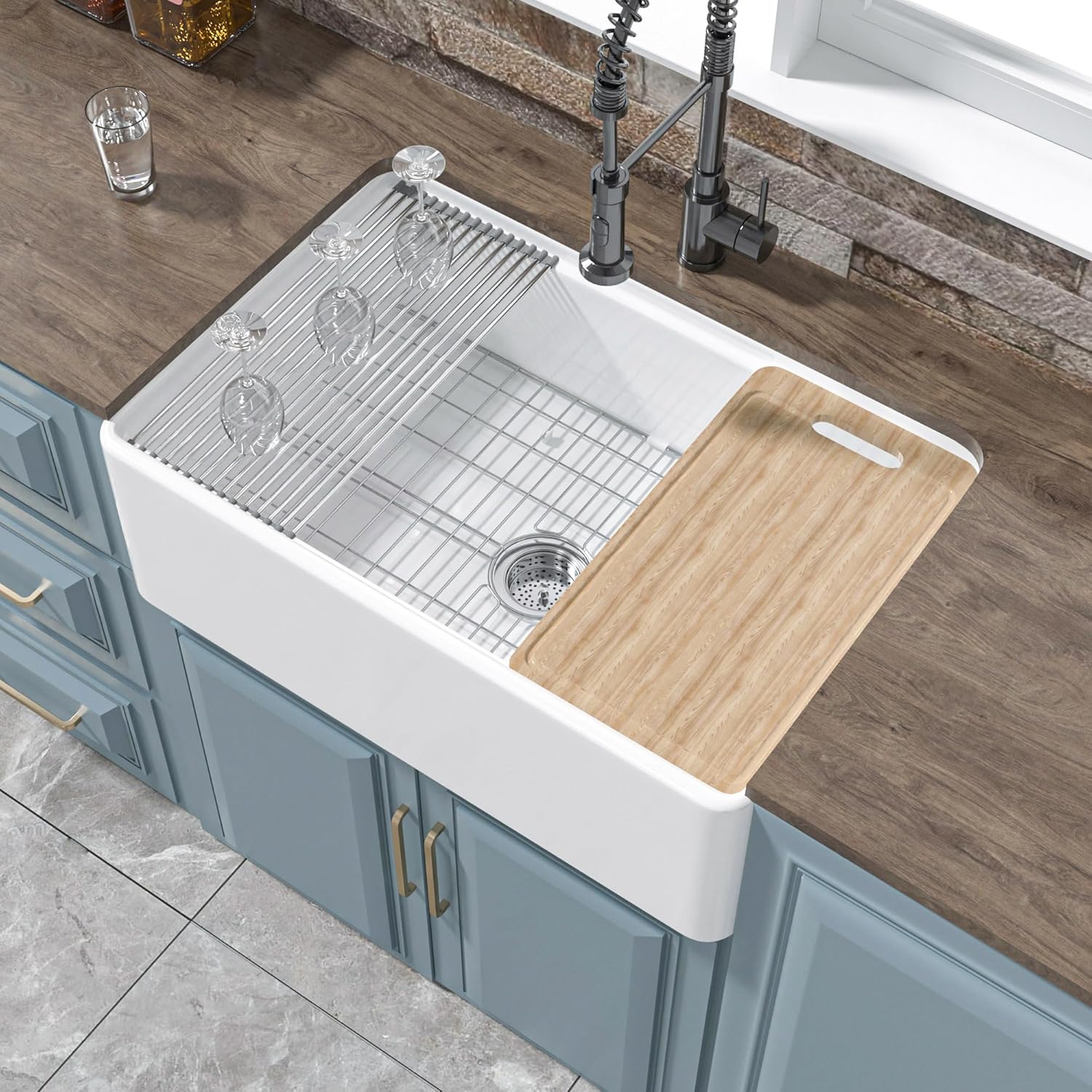 HOMLYLINK White Farmhouse Workstation Sink 30 x 20 Inch, Firecaly Apron ...