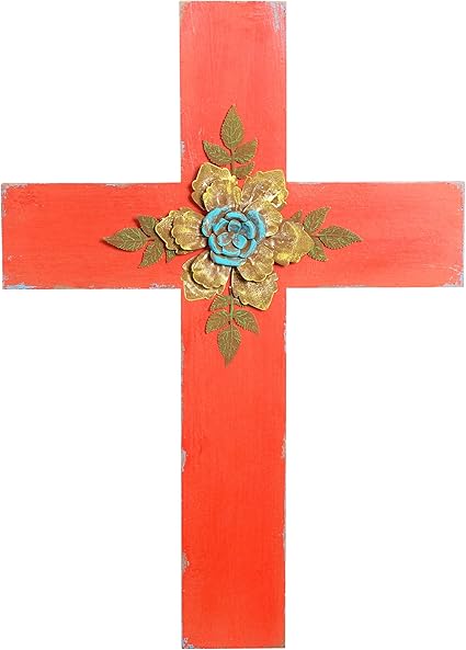 Amazon.com: Wilco Imports Red Wooden Wall Cross with Yellow/Blue Metal ...