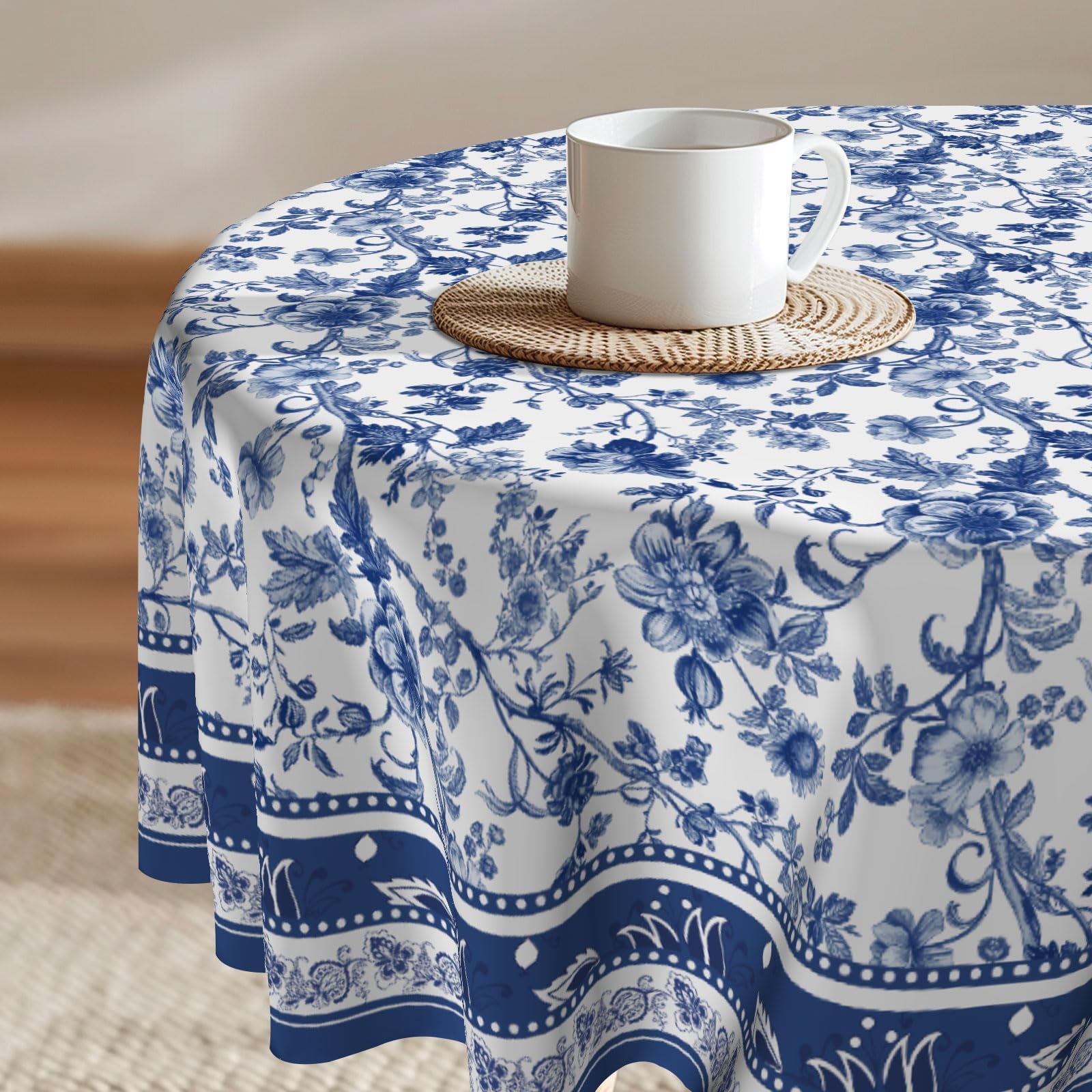 Amazon.com: Tableclothsfactory 120" White Blue Chinoiserie Floral Print ...