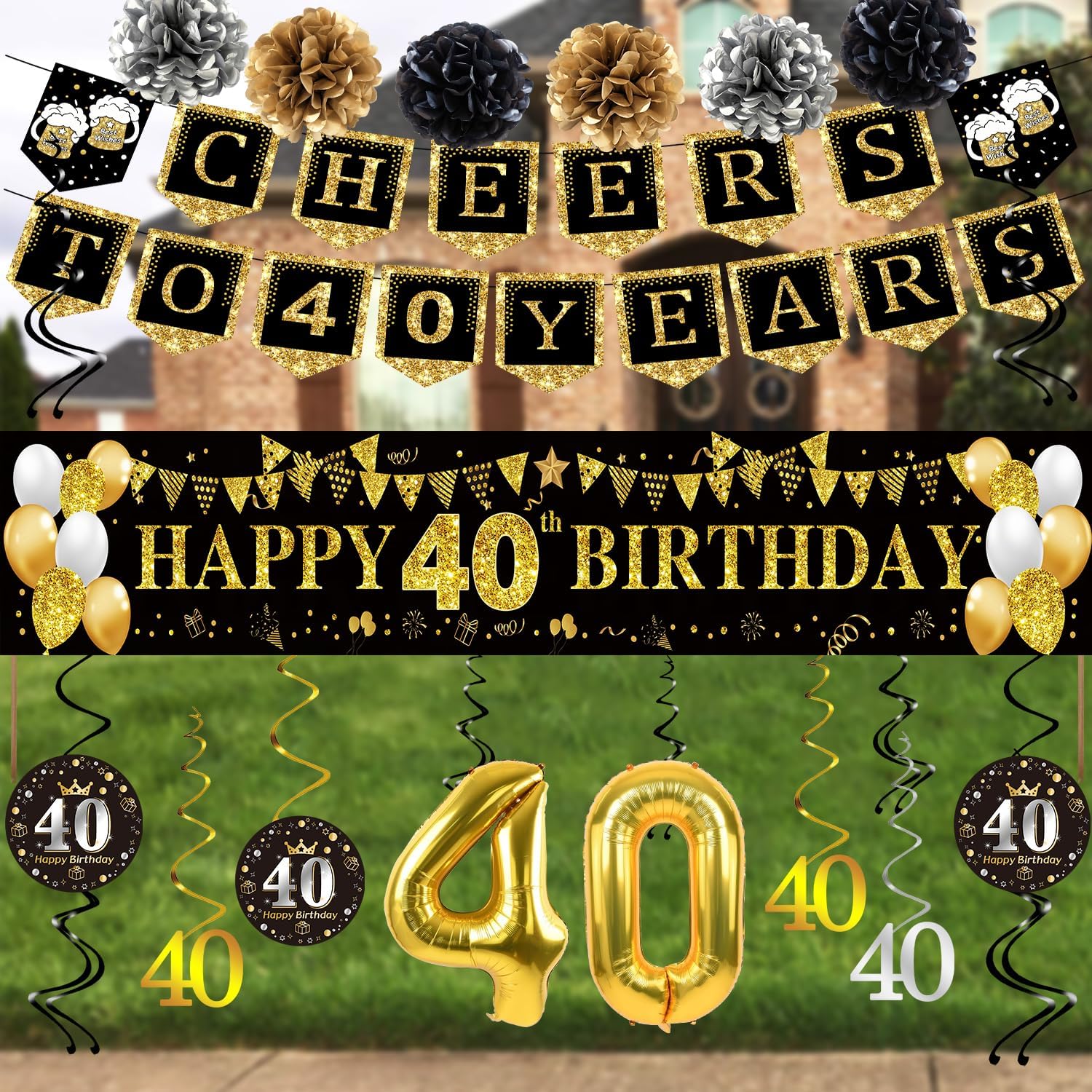 Amazon.com: Happy 40th birthday decorations Banner,22PCS Black and Gold ...