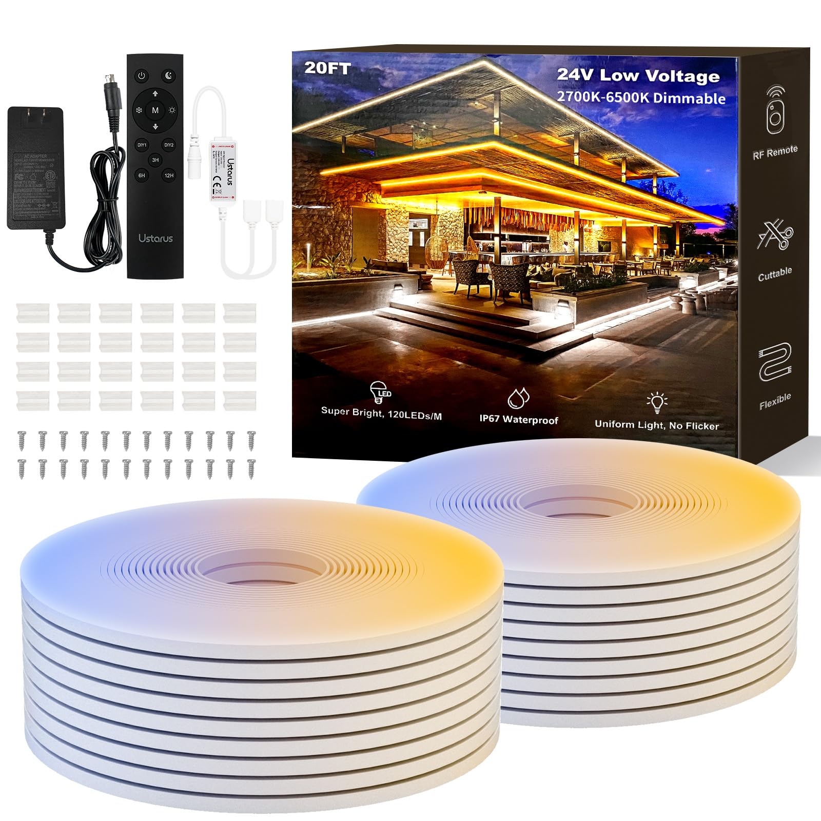 Snapklik.com : Ustarus Neon LED Strip Lights White Dimmable 40ft 24V ...