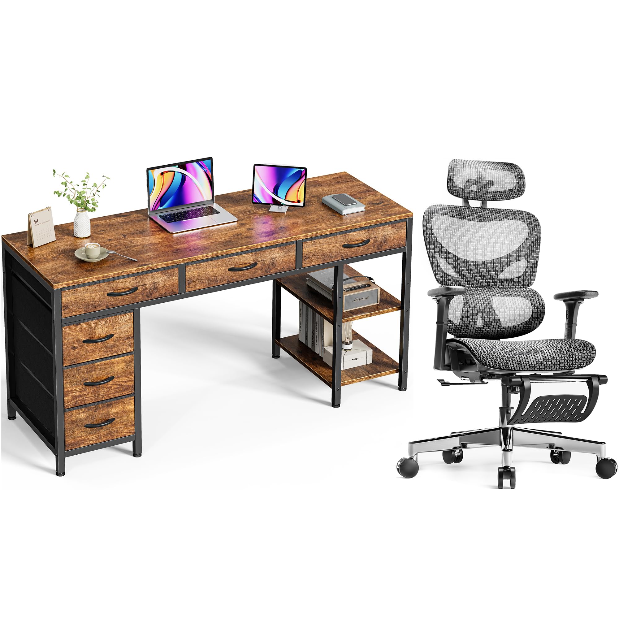 Amazon.com: Huuger Computer Desk with 6 Drawers, 54 Inch Office Desk ...