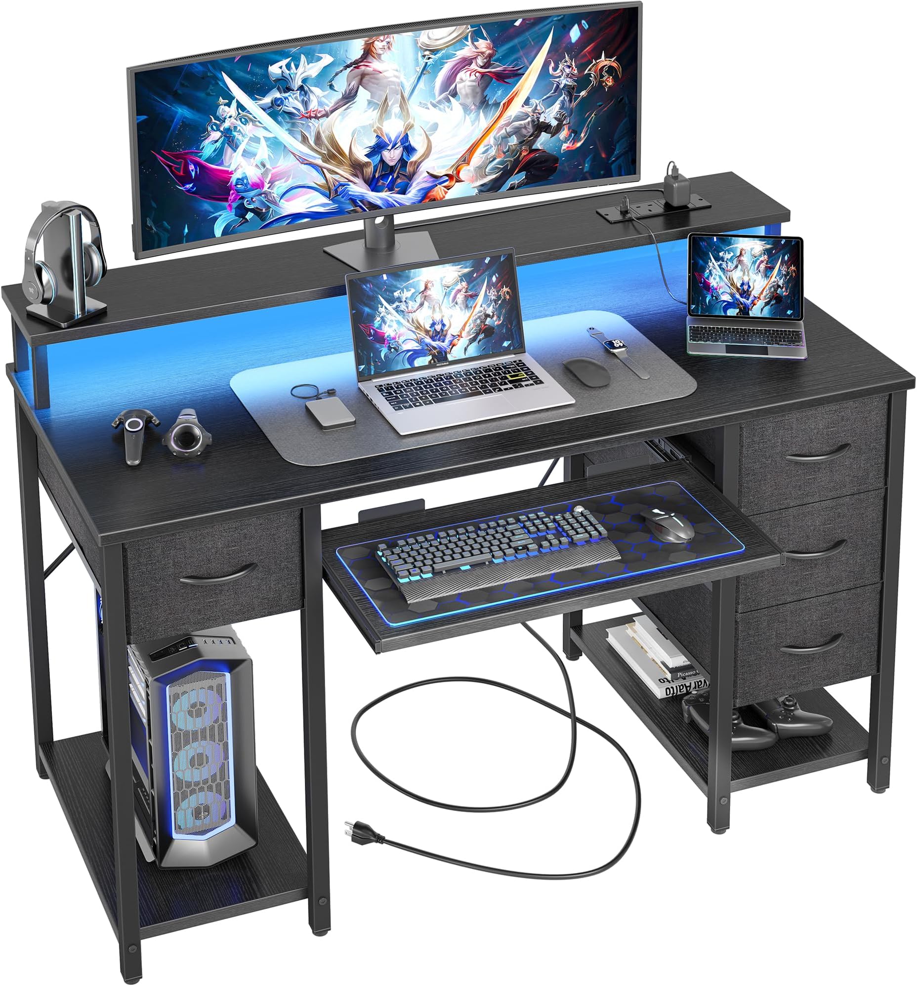 Amazon.com: Iwell L Shaped Gaming Desk with Power Outlet & LED Lights ...