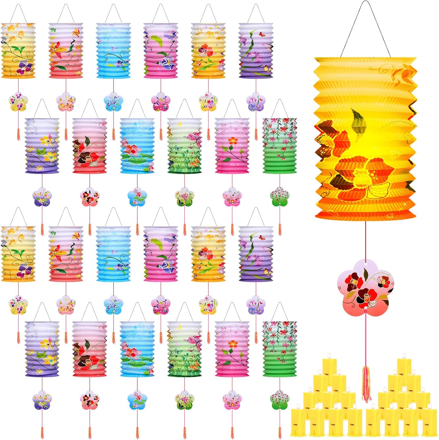 Rossesay 24 Pcs Chinese Paper Lanterns with 24 LED Lights Multicolor ...