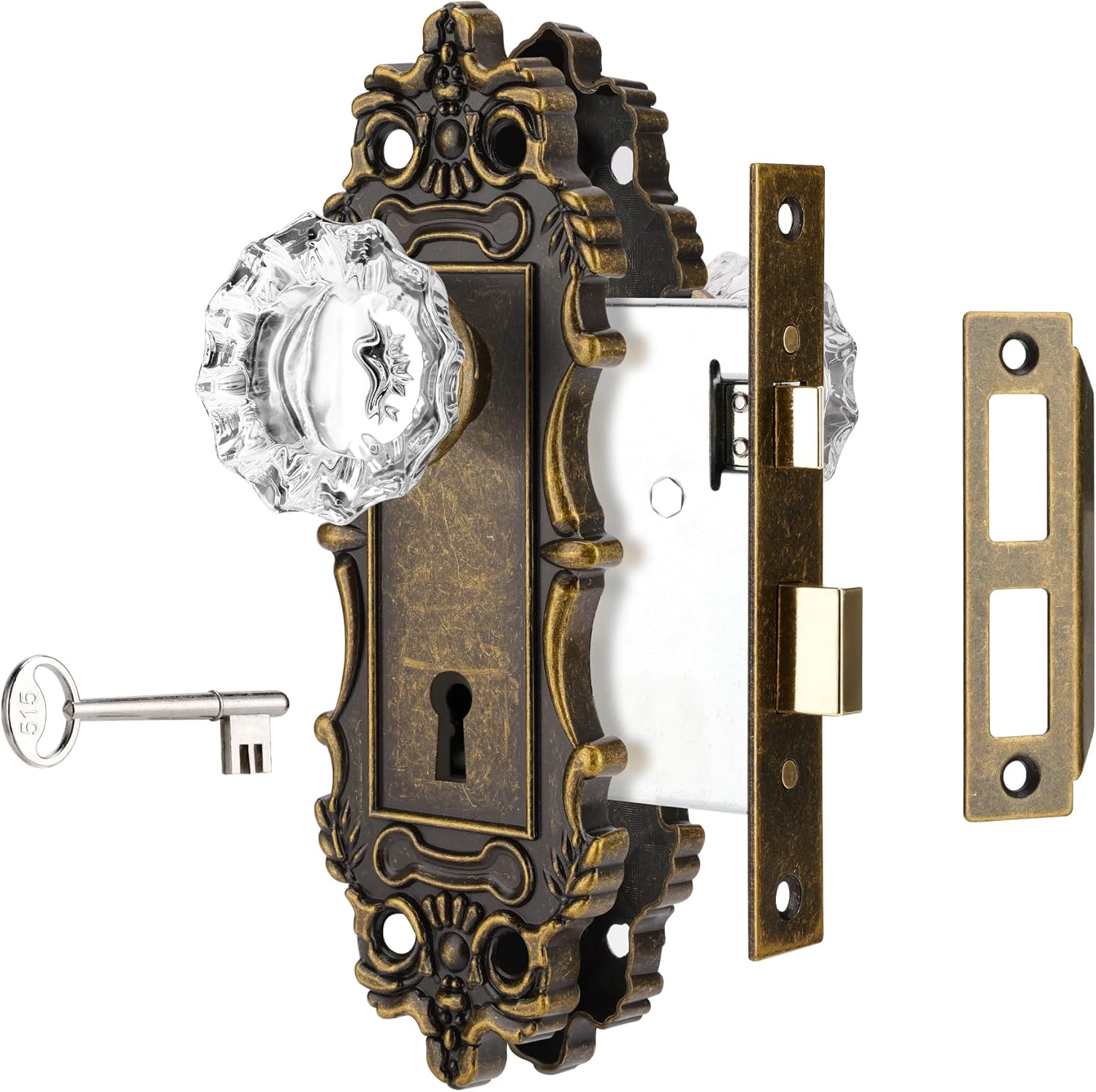 ToPToToo Mortise Lock Set for Interior Door, Antique Brass Door Knobs with Lock and Skeleton Key ...