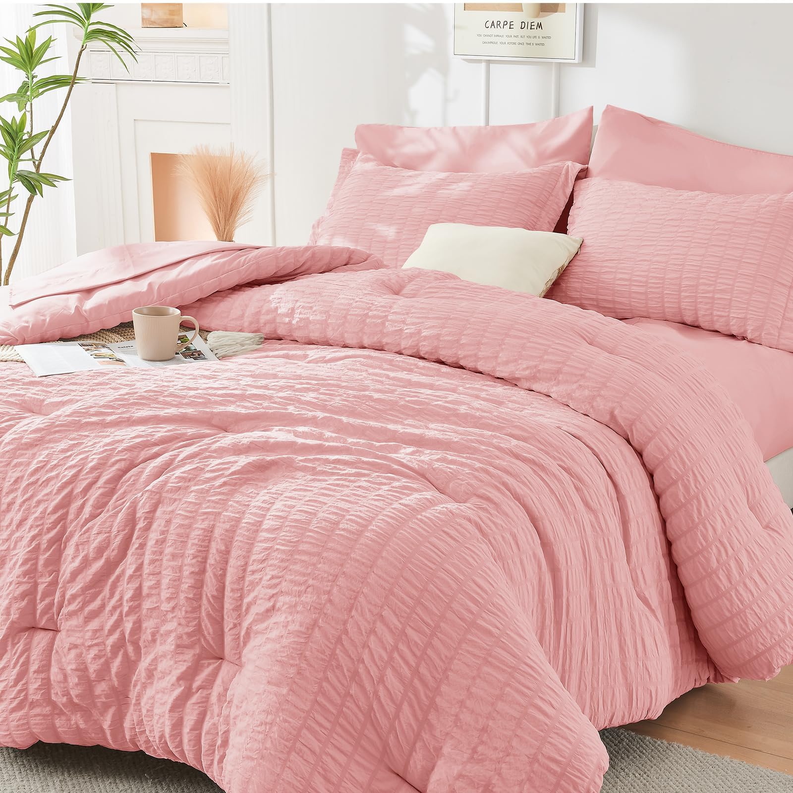 HYMOKEGE Pink Queen Comforter Set Seersucker 7 Pieces, All Season ...
