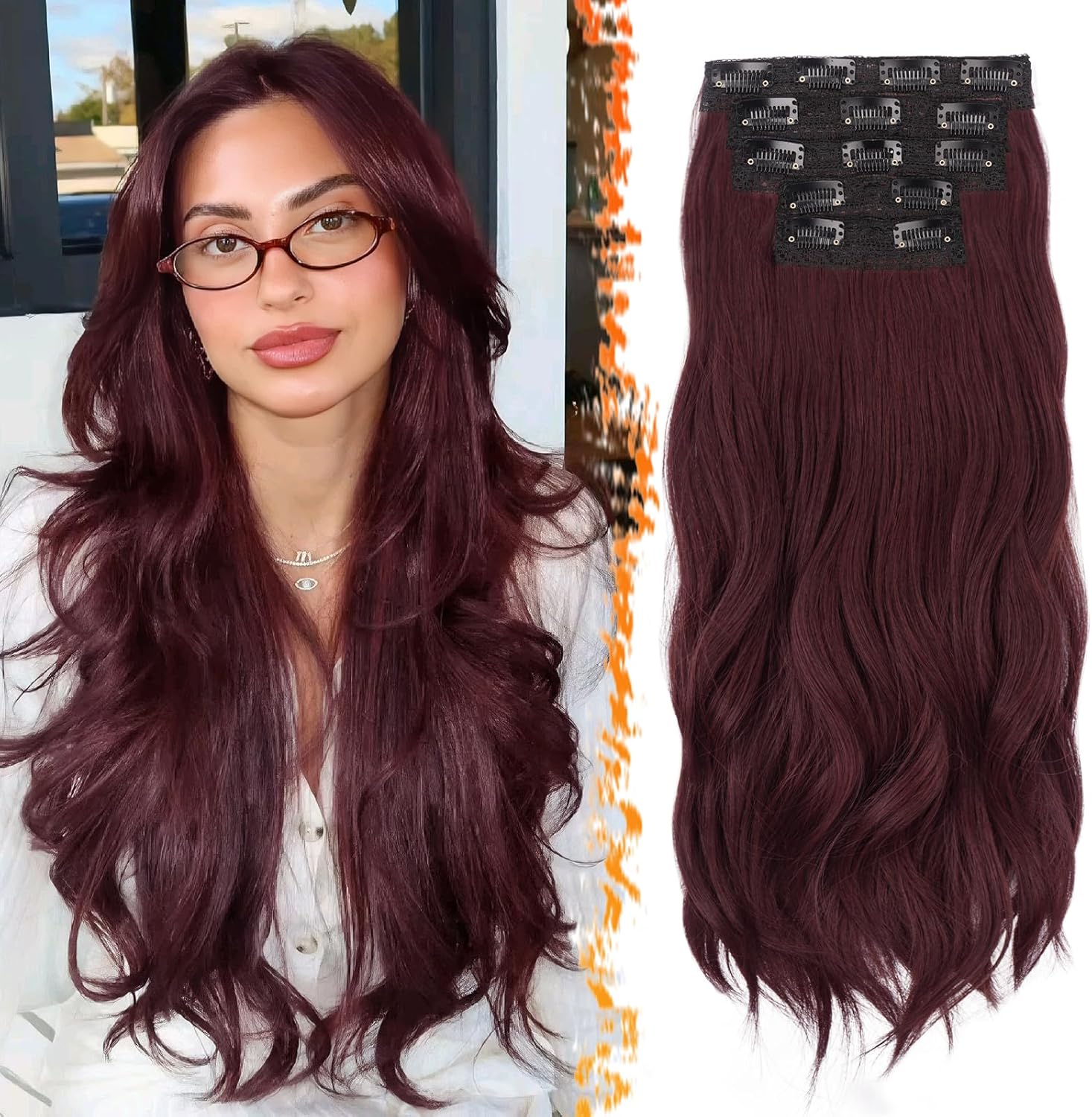 BARSDAR Dark Burgundy Clip in Hair Extensions - 20 Inch Loose Wavy Clip ...