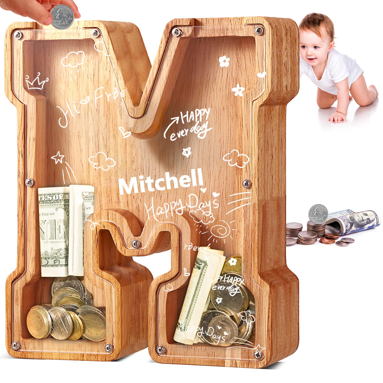 Amazon.com: UBeesize Cute Money Box for Boys and Girls,Unbreakable Wood ...