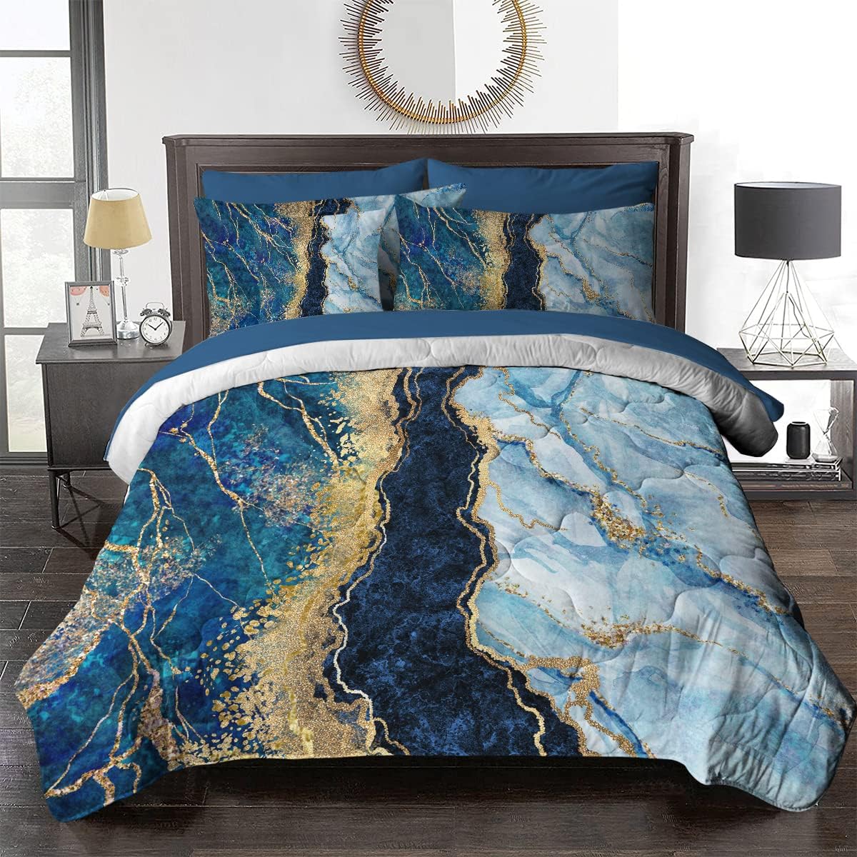 Amazon.com: BlessLiving Marble Bed in A Bag King Navy Blue Gold Glitter ...