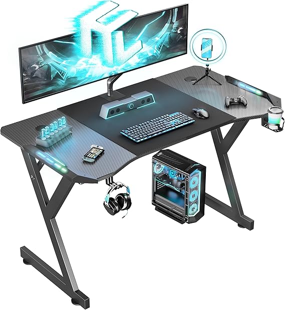 Amazon.com: HLDIRECT 55 Inch Gaming Desk with LED Lights, Ergonomic ...