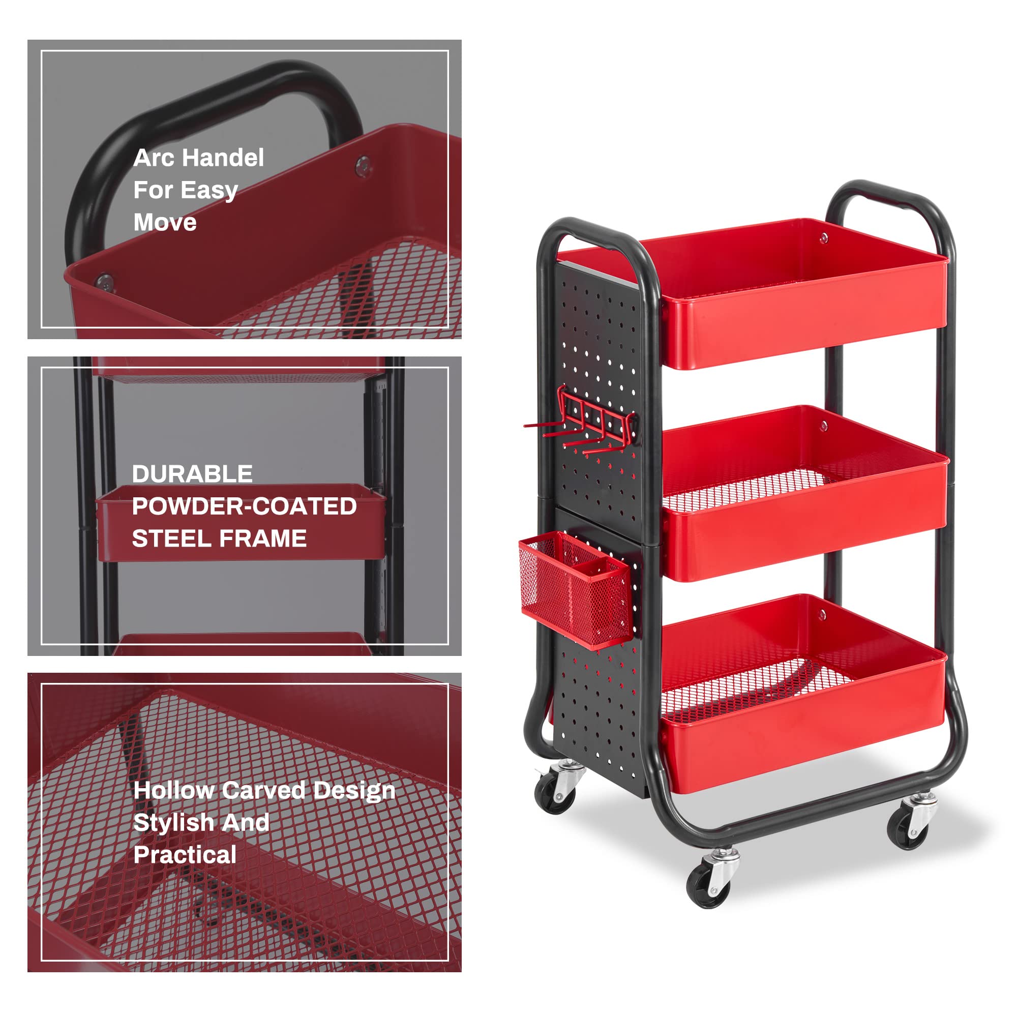 Buy DESIGNA 3-Tier Metal Storage Cart,Heavy Duty Rolling Utility Cart ...