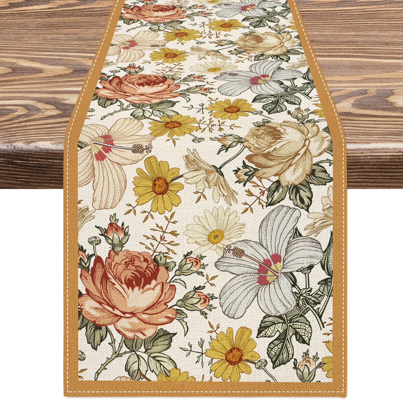 Amazon.com: AnyDesign Vintage Floral Table Runner Retro Rose Chamomile ...