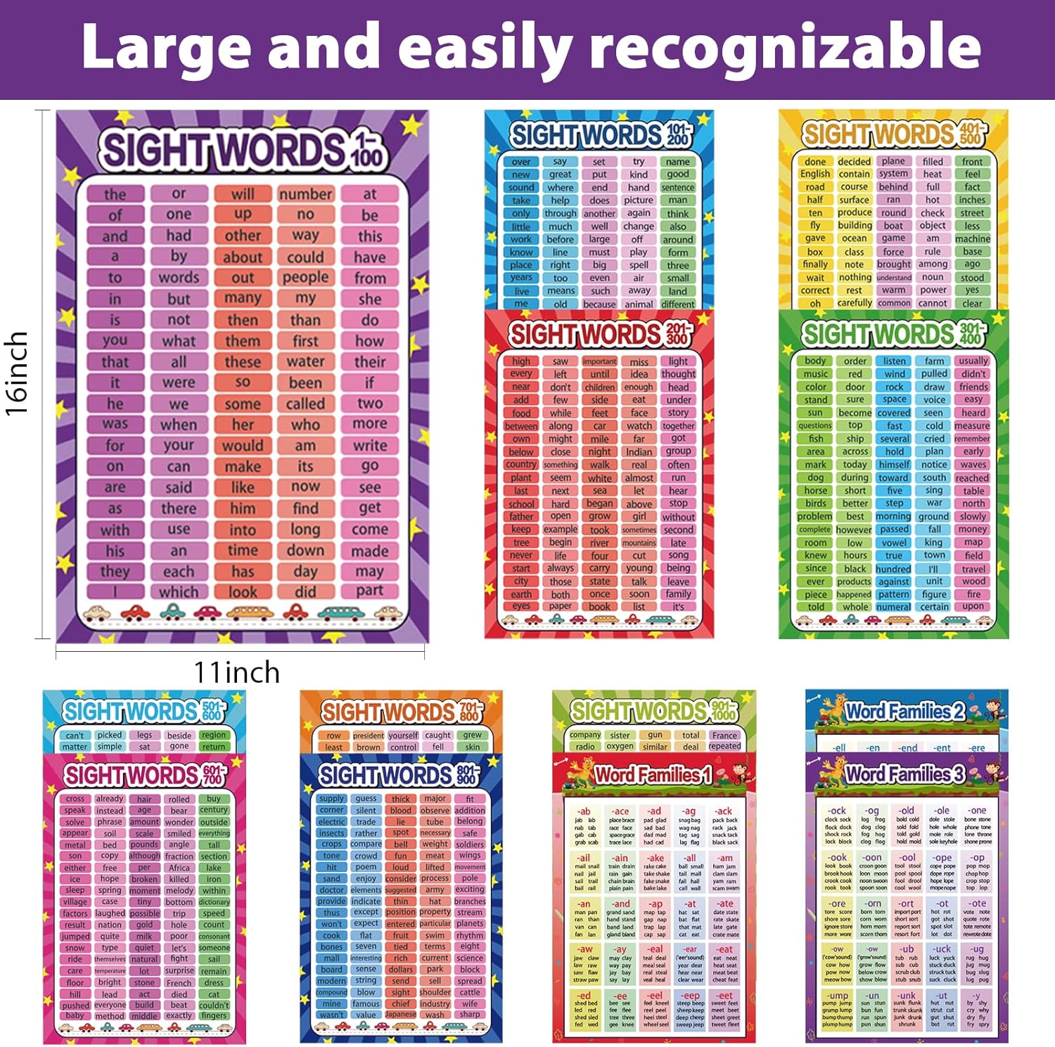 Buy 12 Pieces Educational Posters Sight Words and Word Families Posters ...