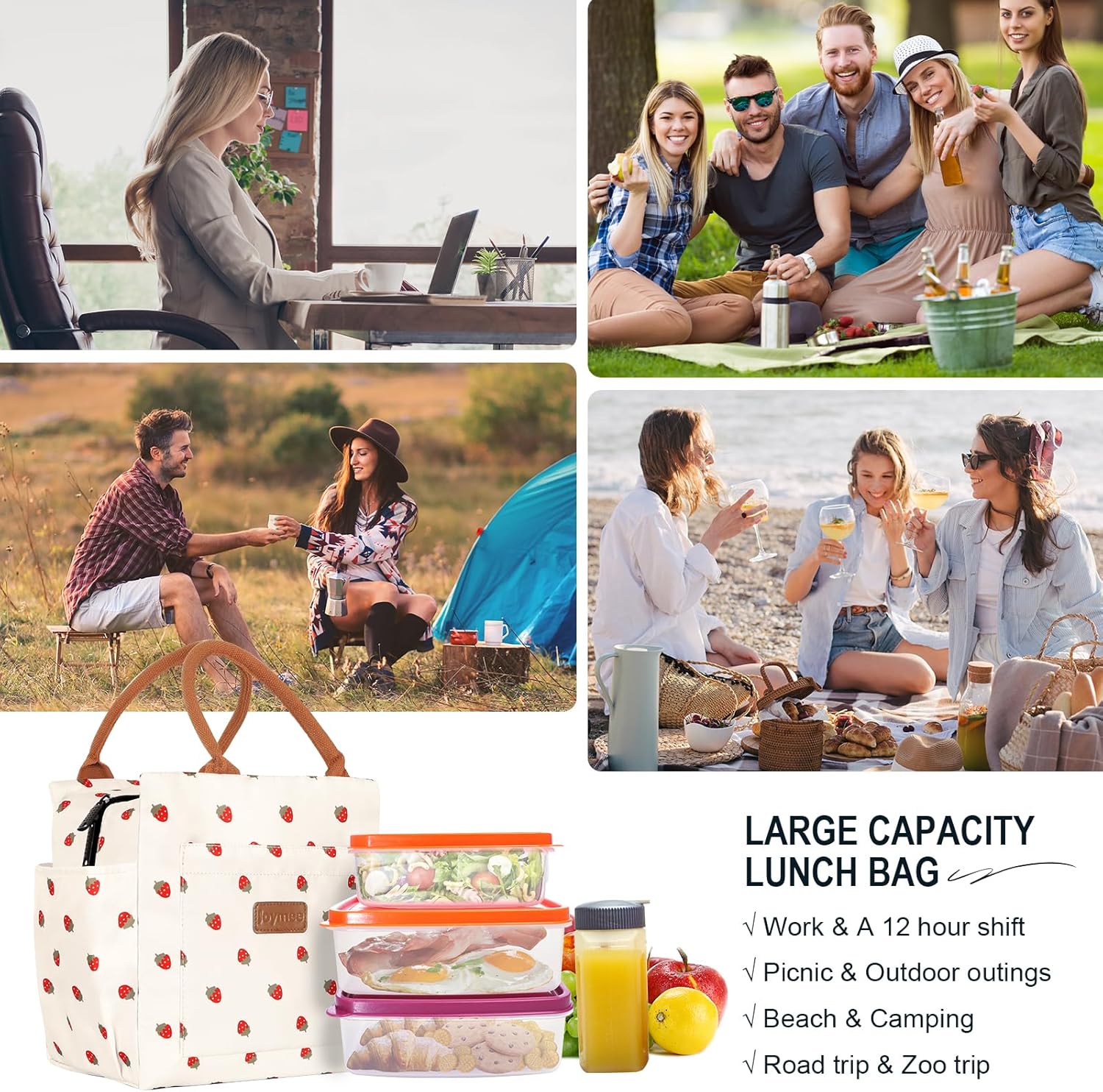 Joymee Lunch Bag Women Insulated Lunch Box Reusable Leakproof Large ...