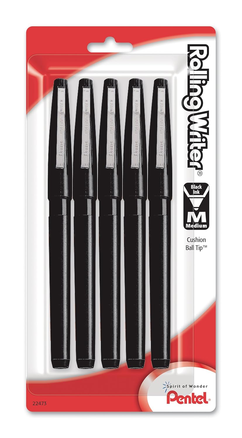 Pentel Rolling Writer Roller Ball Pen, Medium Line, Black Ink, Pack of ...